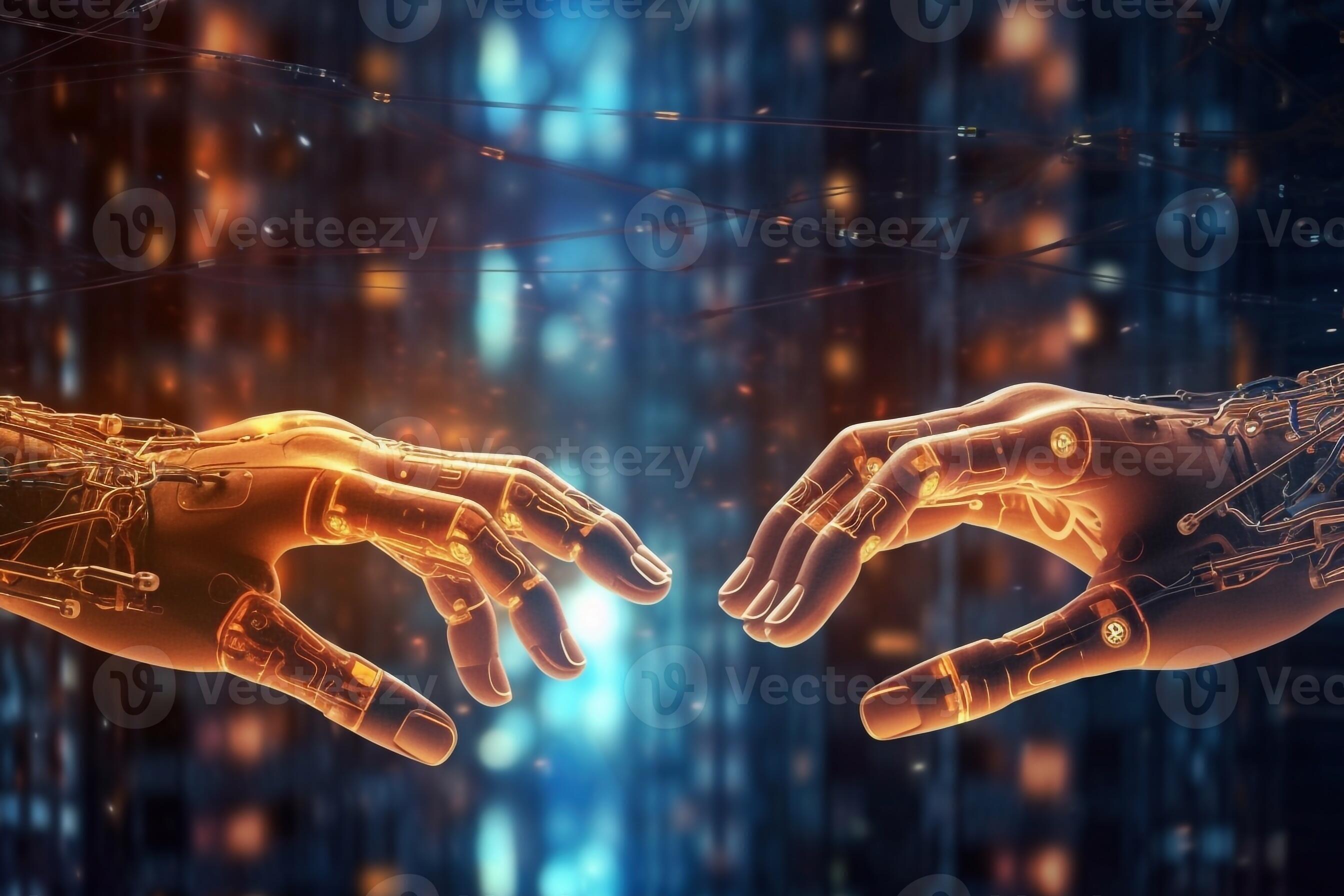 AI, Machine learning, Hands of robot and human touching on big data network connection, Data ...
