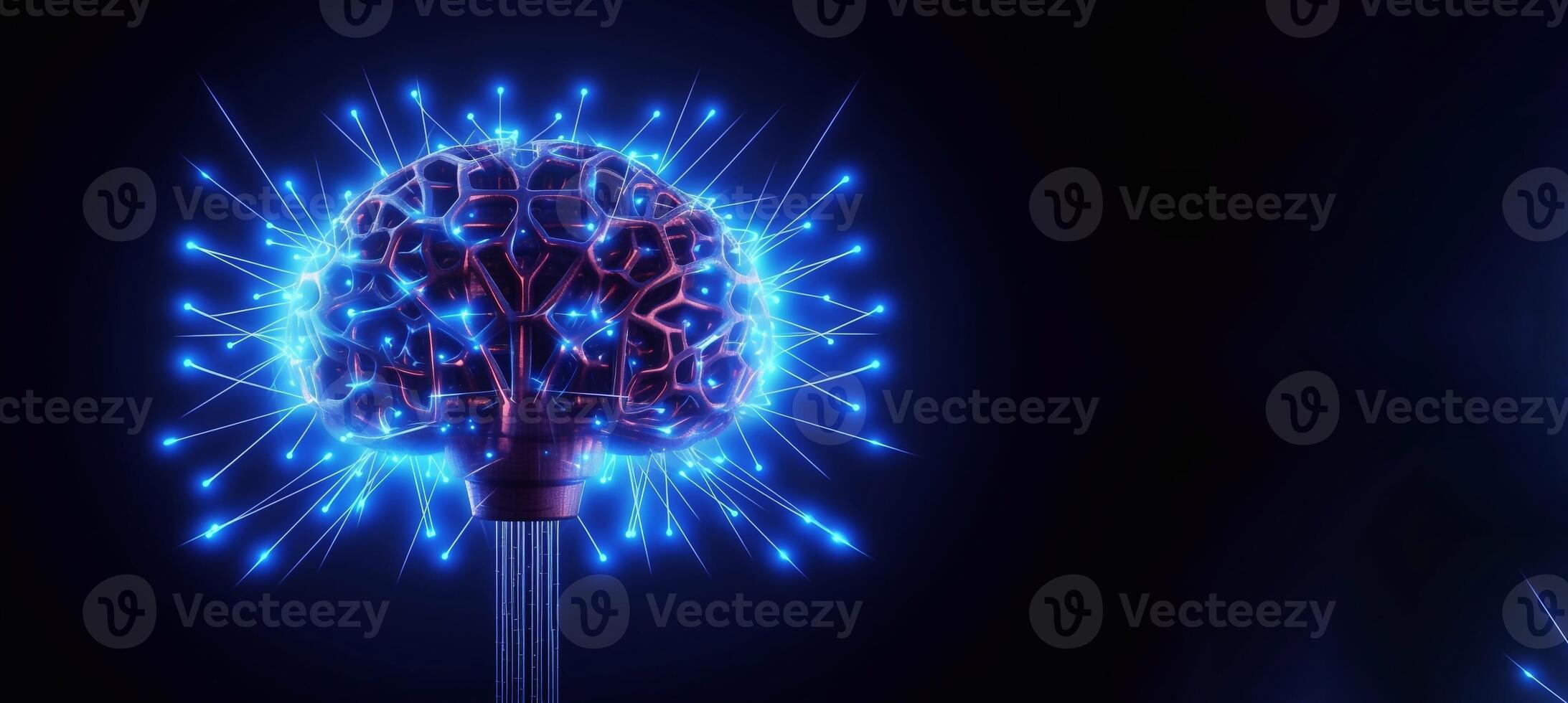 Futuristic blue digital brain in cyberspace. Neurons firing in MRI scan of artificial ...