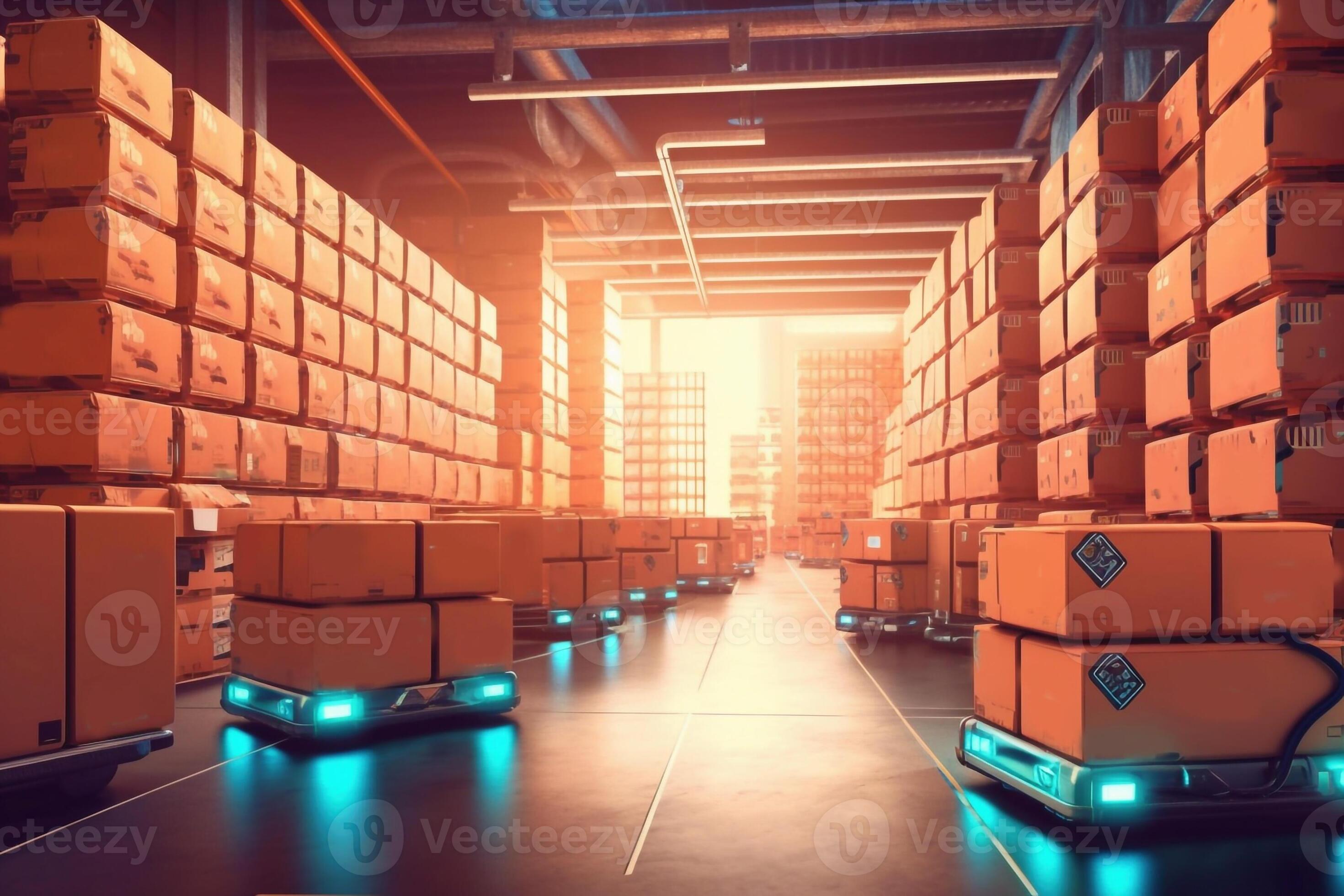 Automated Modern Retail Warehouse AGV Robots Transporting Cardboard Boxes in Distribution ...