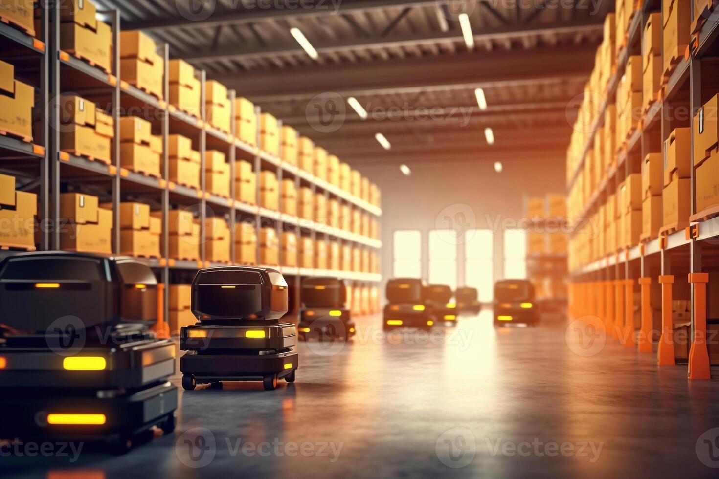 Automated Modern Retail Warehouse AGV Robots Transporting Cardboard Boxes in Distribution ...