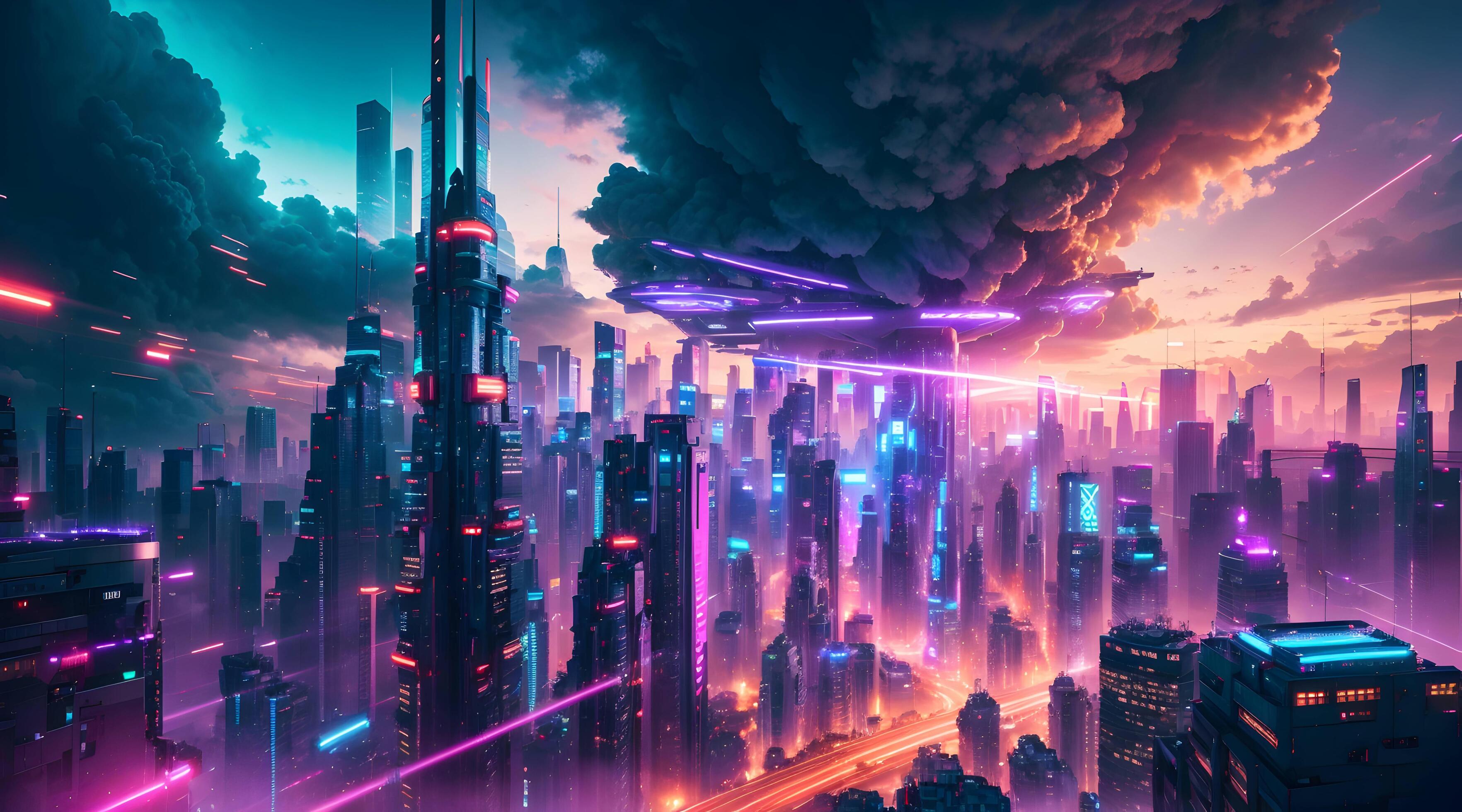 un futurista 4k fondo de pantalla exhibiendo un desmadejado metrópoli ...