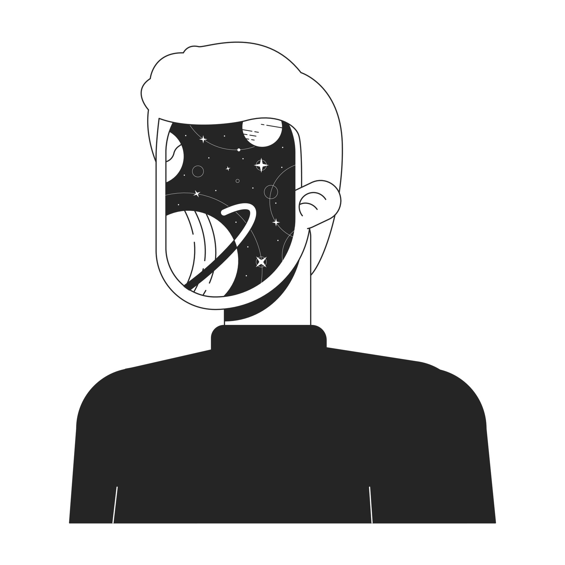 Planets galaxy mind bw concept vector spot illustration. Surreal face ... Planets galaxy mind bw concept vector spot illustration. Surreal face ...