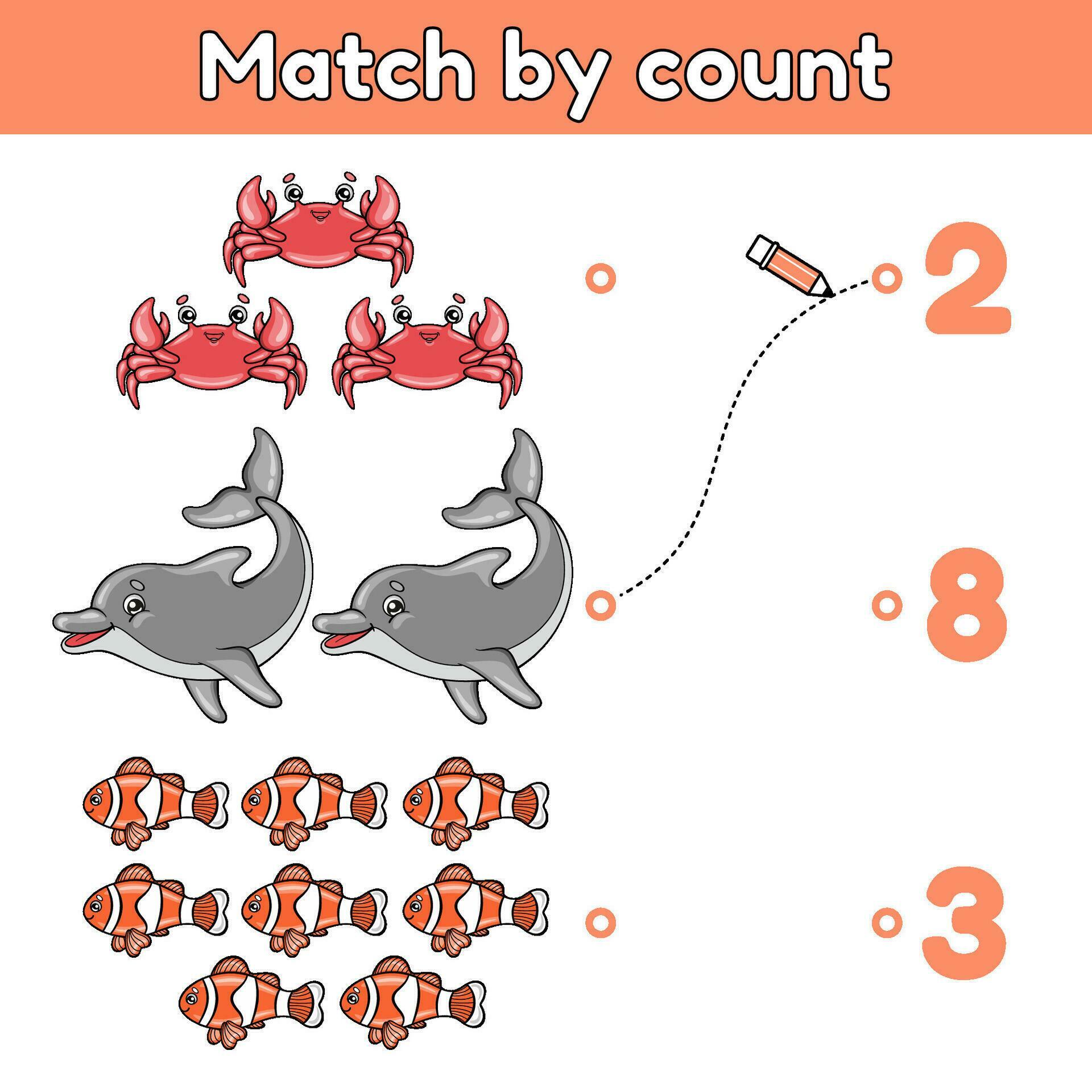 Kids math game. Count and match cartoon sea animals with the correct ...