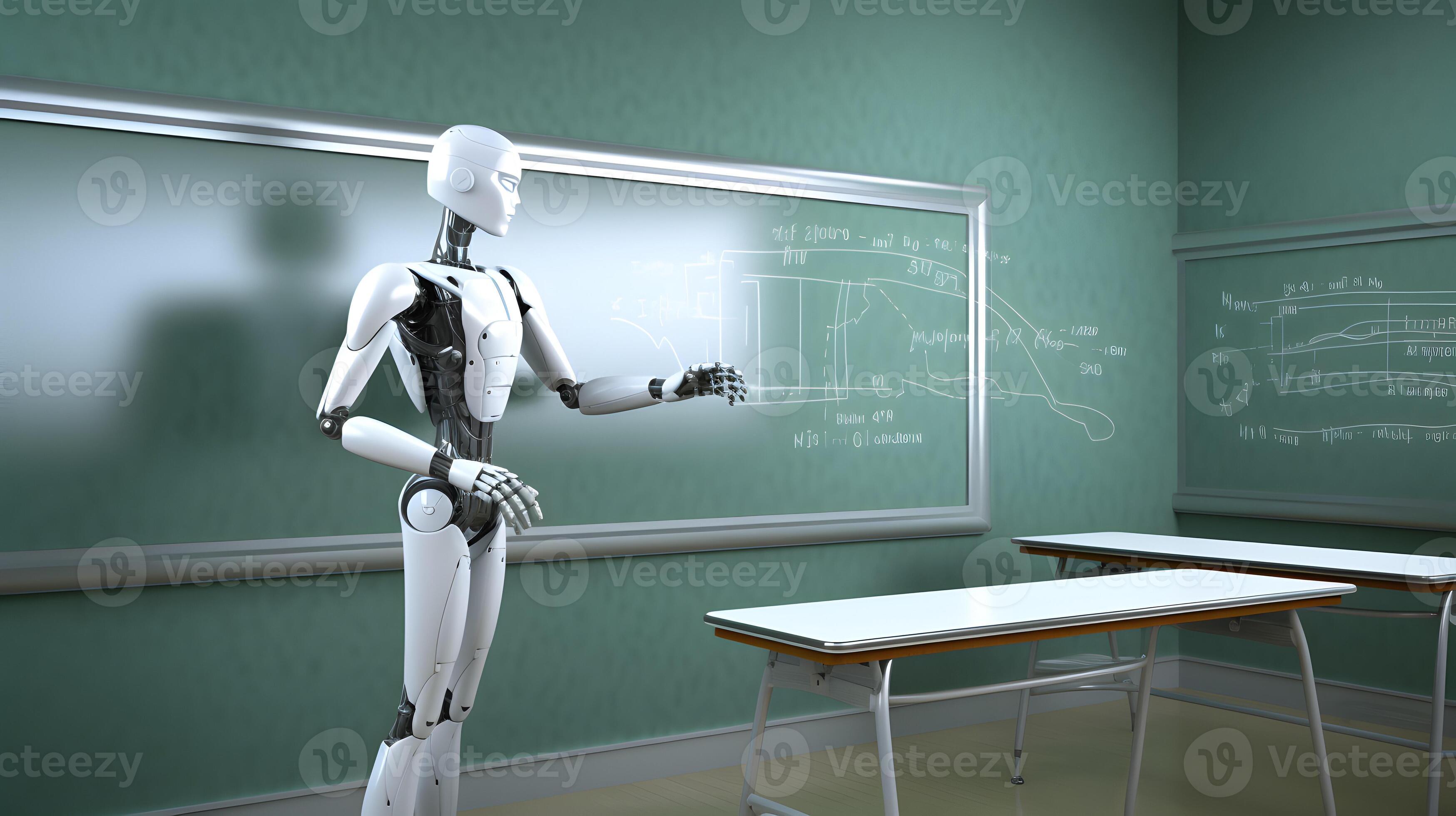 Teaching Robot And Chalkboard In The Classroom Ai Teacher Concept Ai