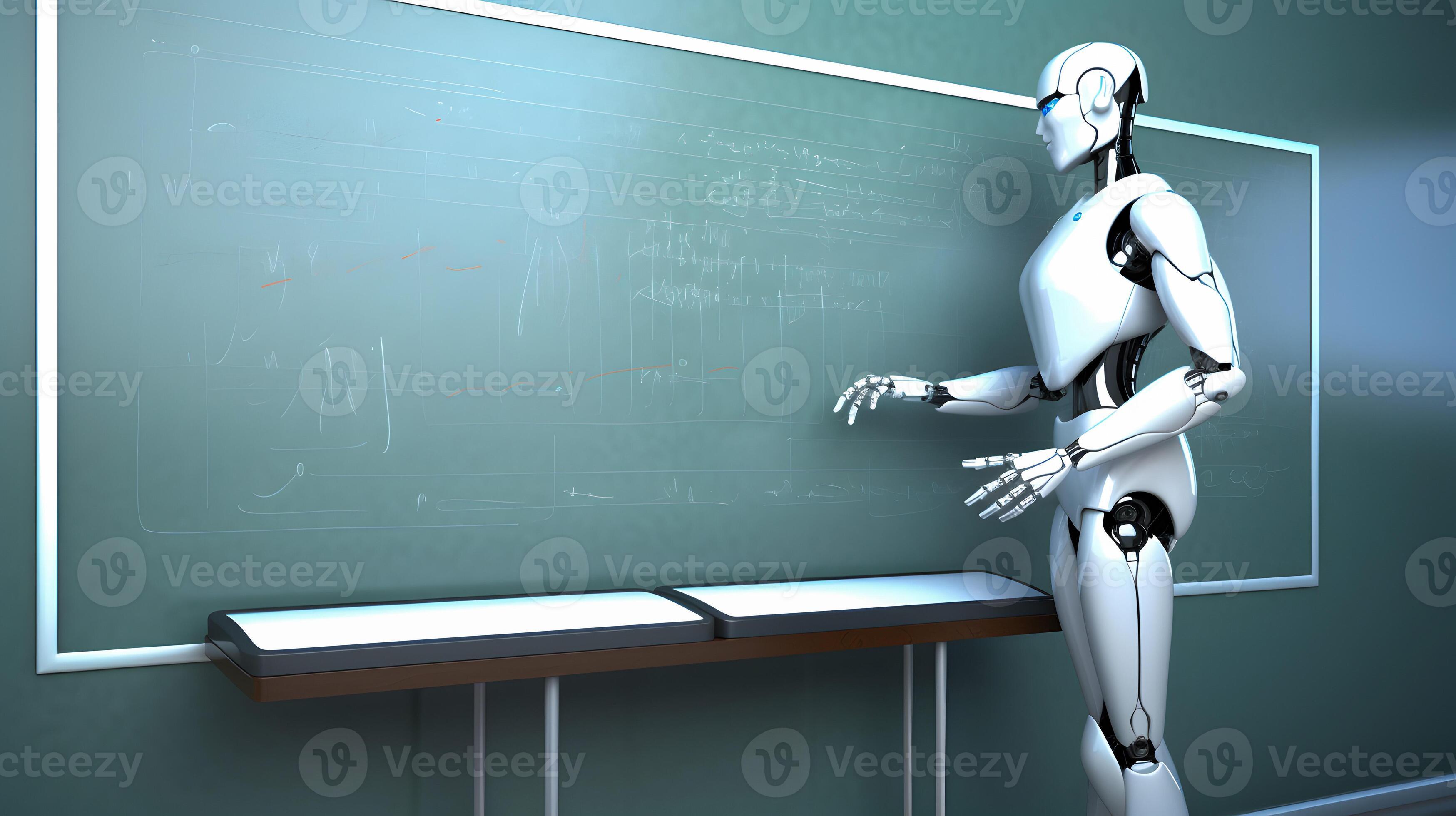 Teaching Robot And Chalkboard In The Classroom Ai Teacher Concept Ai