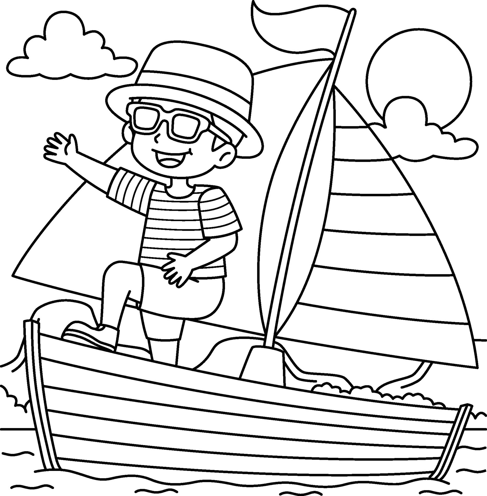 Boy on the Boat Summer Coloring Page for Kids 26492993 Vector Art at ...