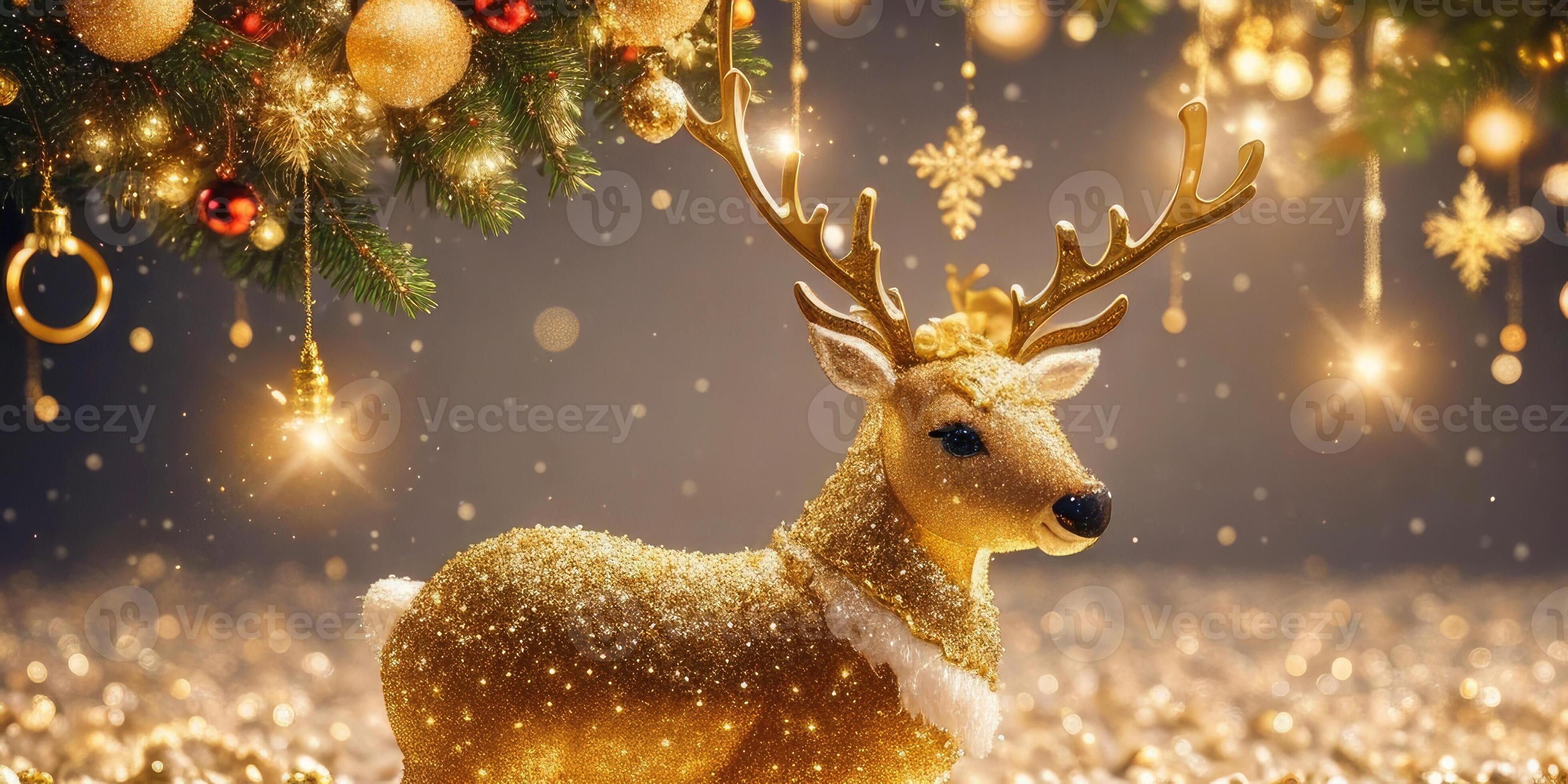 Christmas decorations of bokeh with gold glitter particles and gold reindeer in the background ...