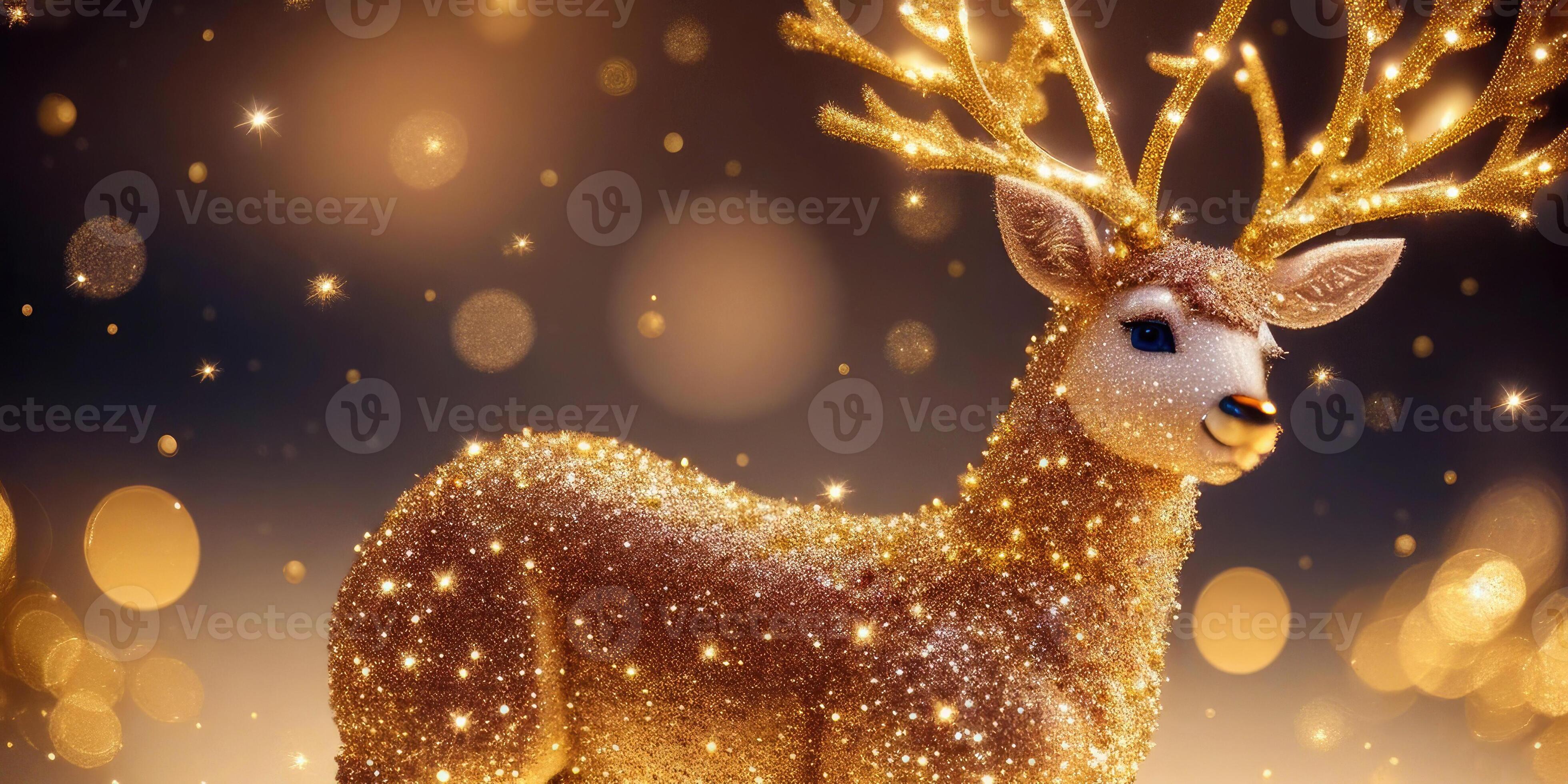 Christmas decorations of bokeh with gold glitter particles and gold reindeer in the background ...