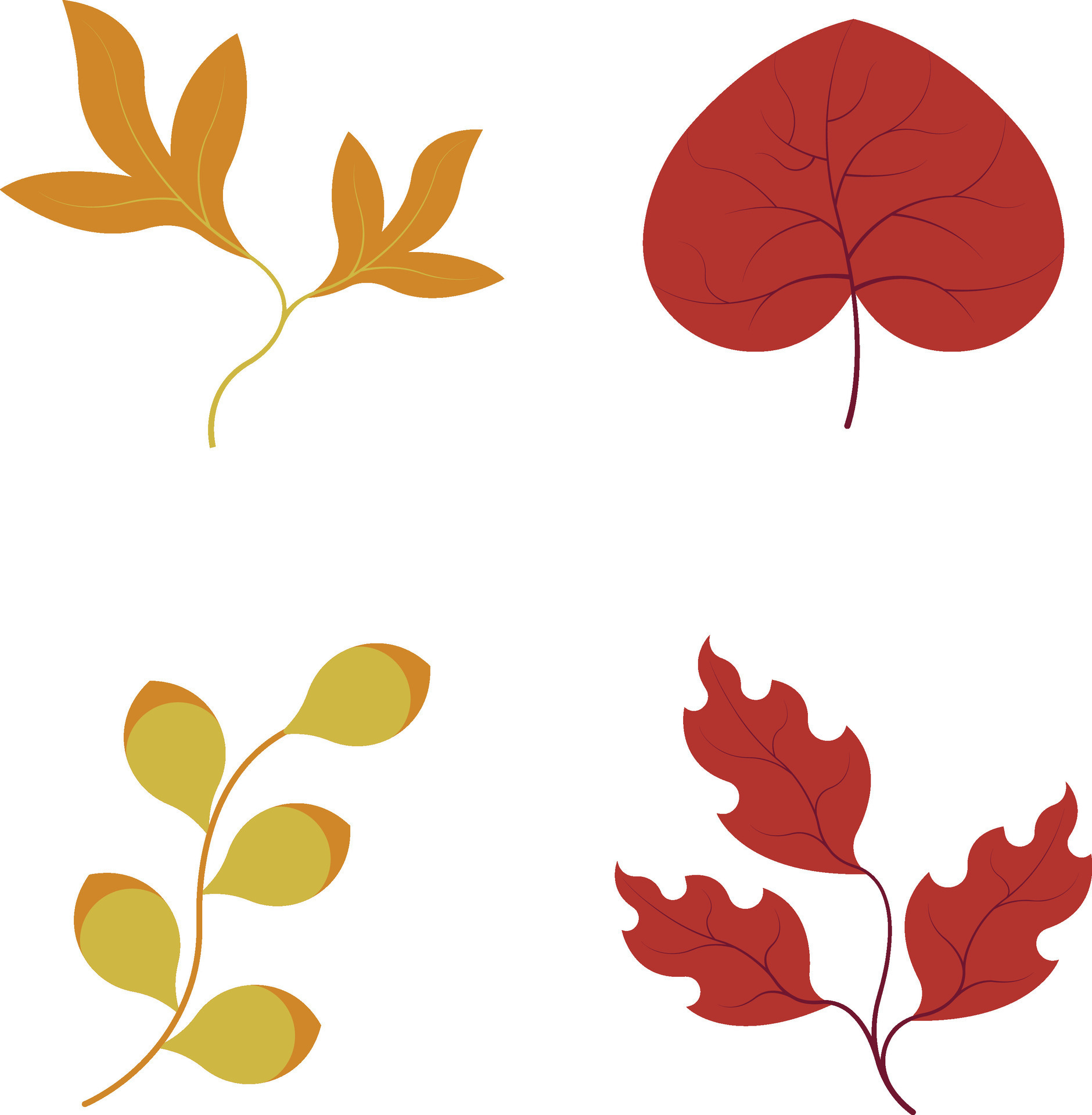 Autumn Leaves Set Isolated On White Background Simple Cartoon Flat