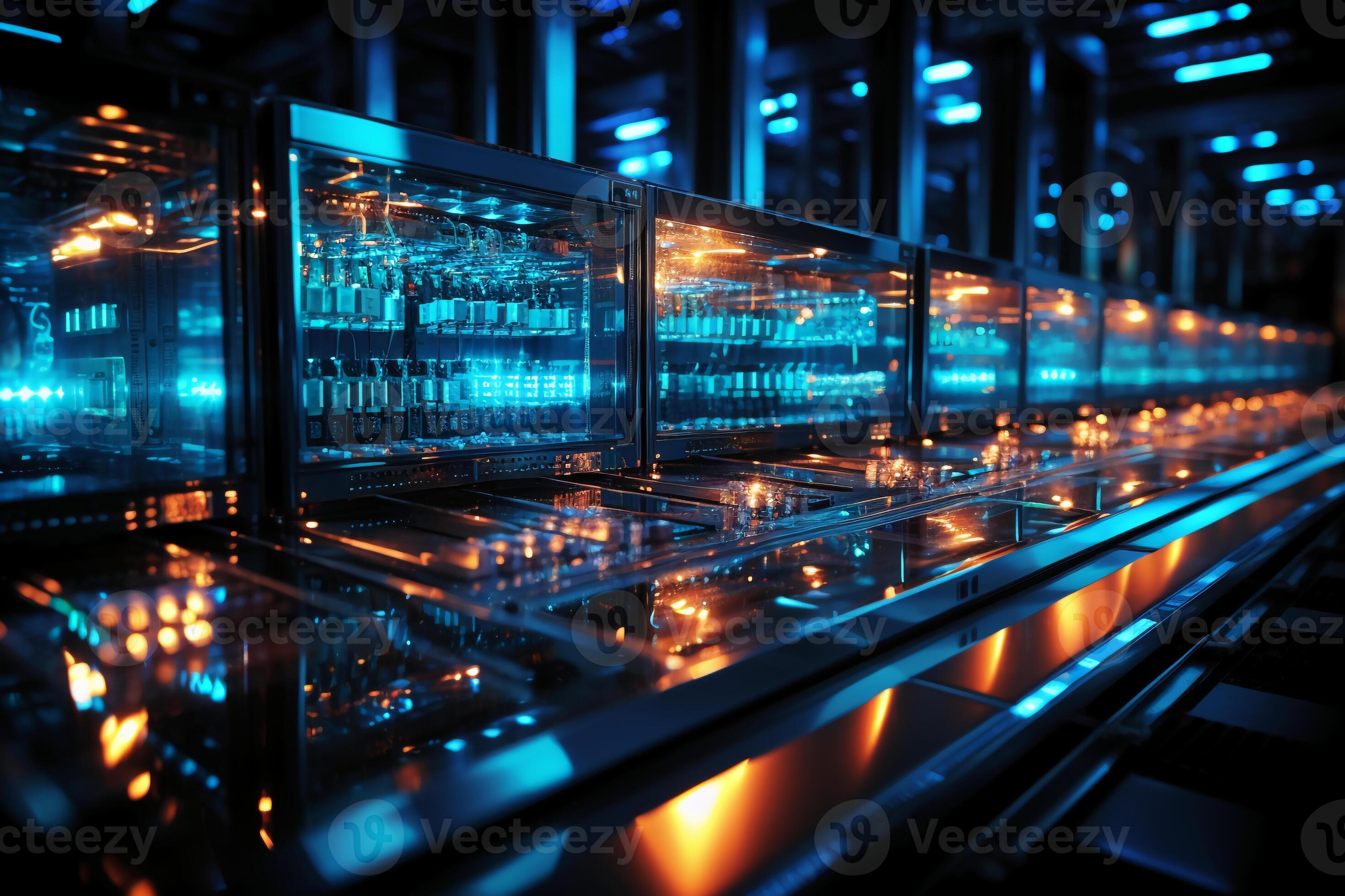 Row of network servers with glowing LED lights. 26502496 Stock Photo at Vecteezy