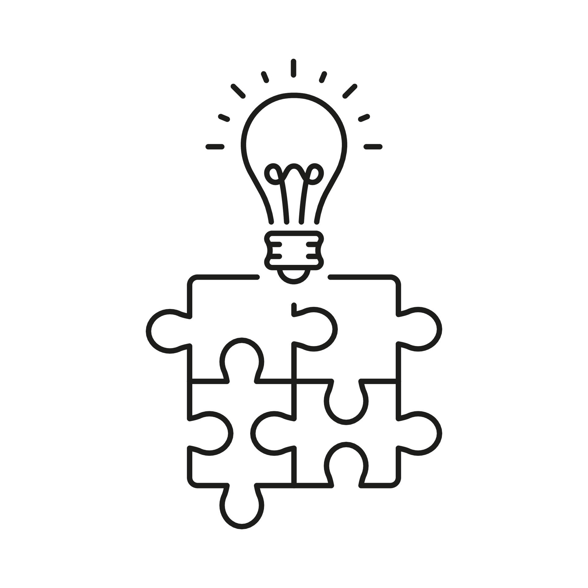 Problem Solving, Business Innovation Linear Pictogram. Jigsaw with Light Bulb Outline Sign ...