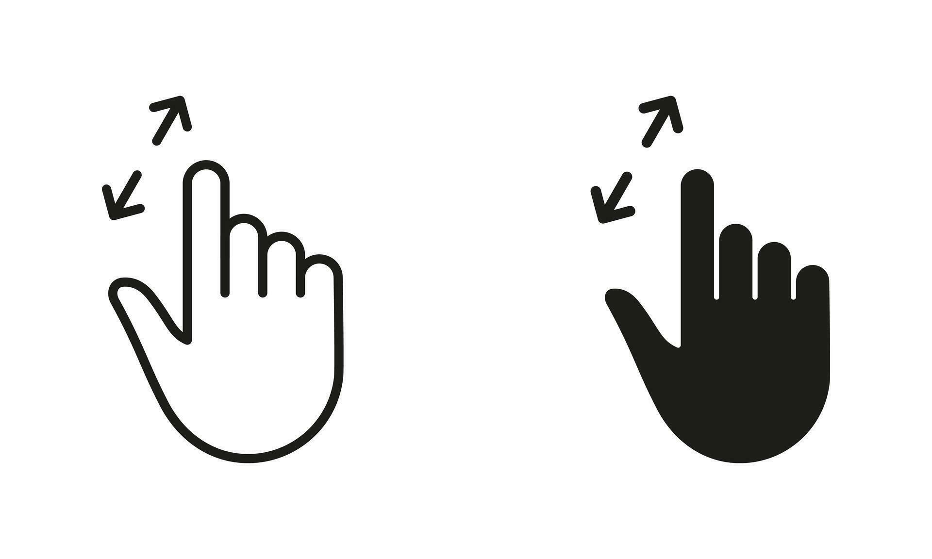 Zoom Gesture by Hand Finger Line and Silhouette Black Icon Set. Enlarge Screen, Rotate Screen ...