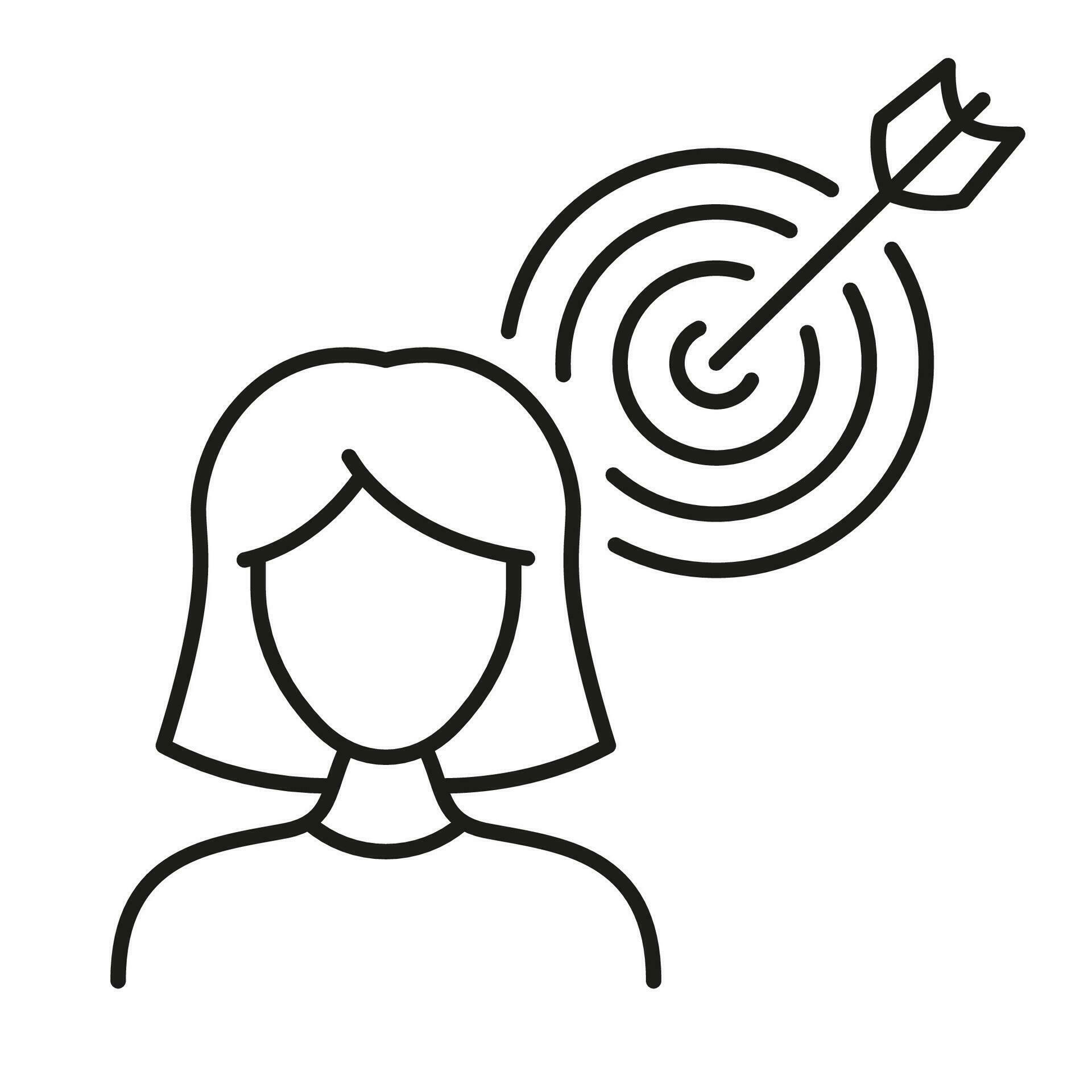 Focused and Object Oriented Woman Line Icon. Human Strategy, Aim, Female with Goal Linear ...