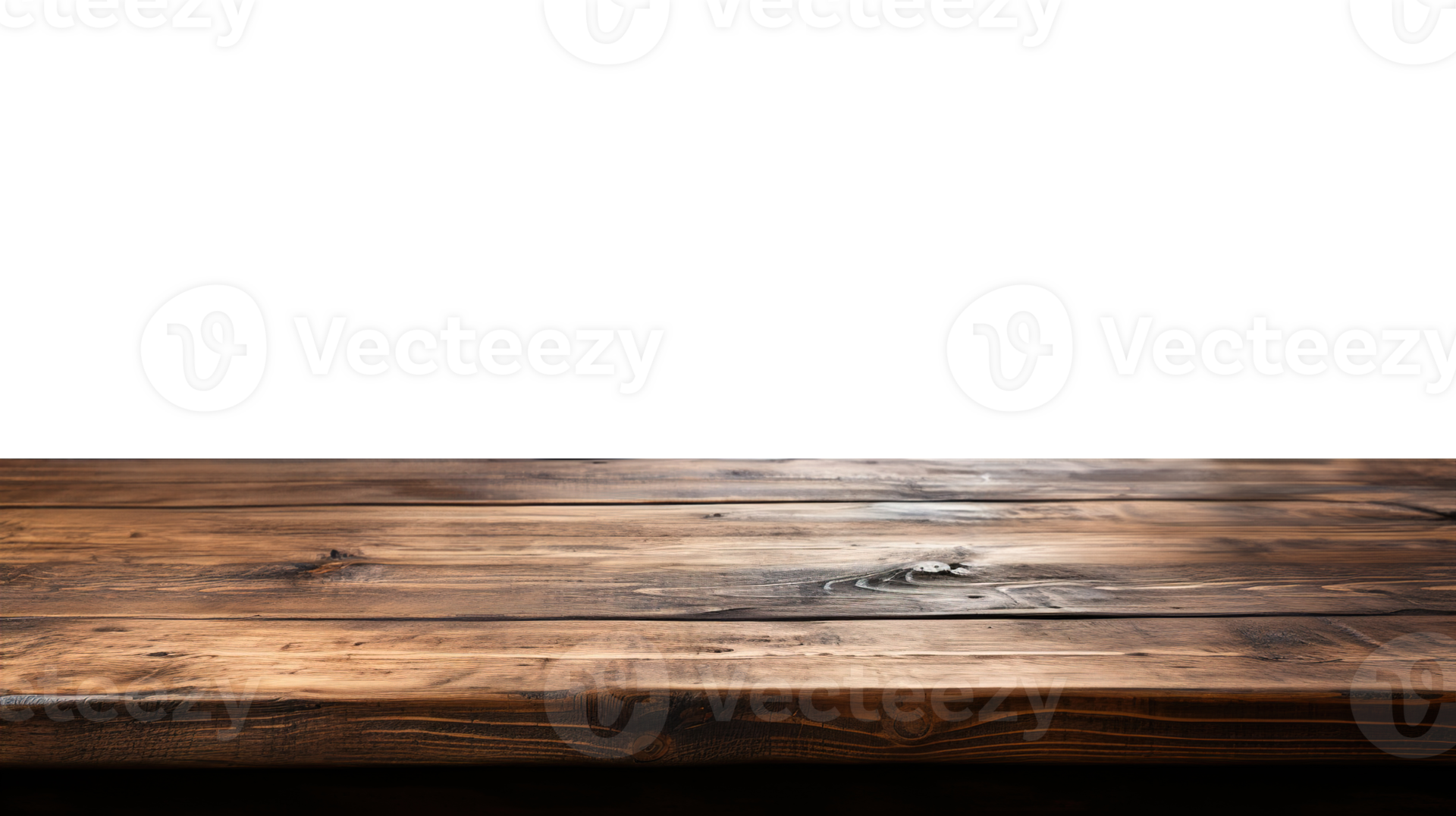 a front view of a dark rustic brown, empty wooden table with ...