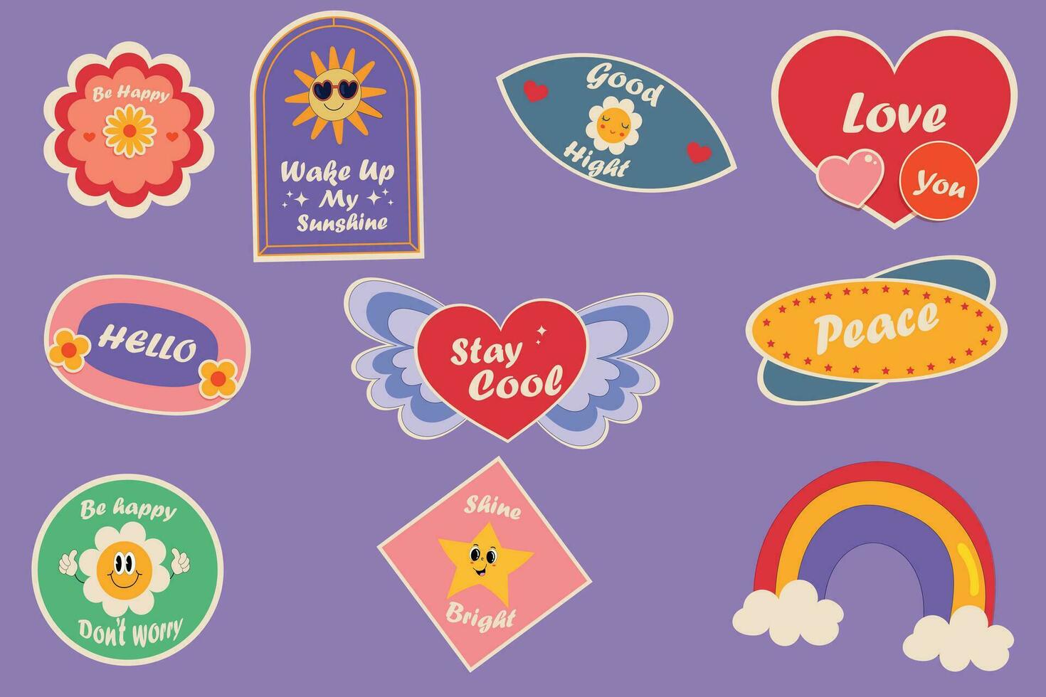 Retro Trendy Emotion Stickers Set Colorful Retro Cartoon Label Shape Set Collection Of Trendy