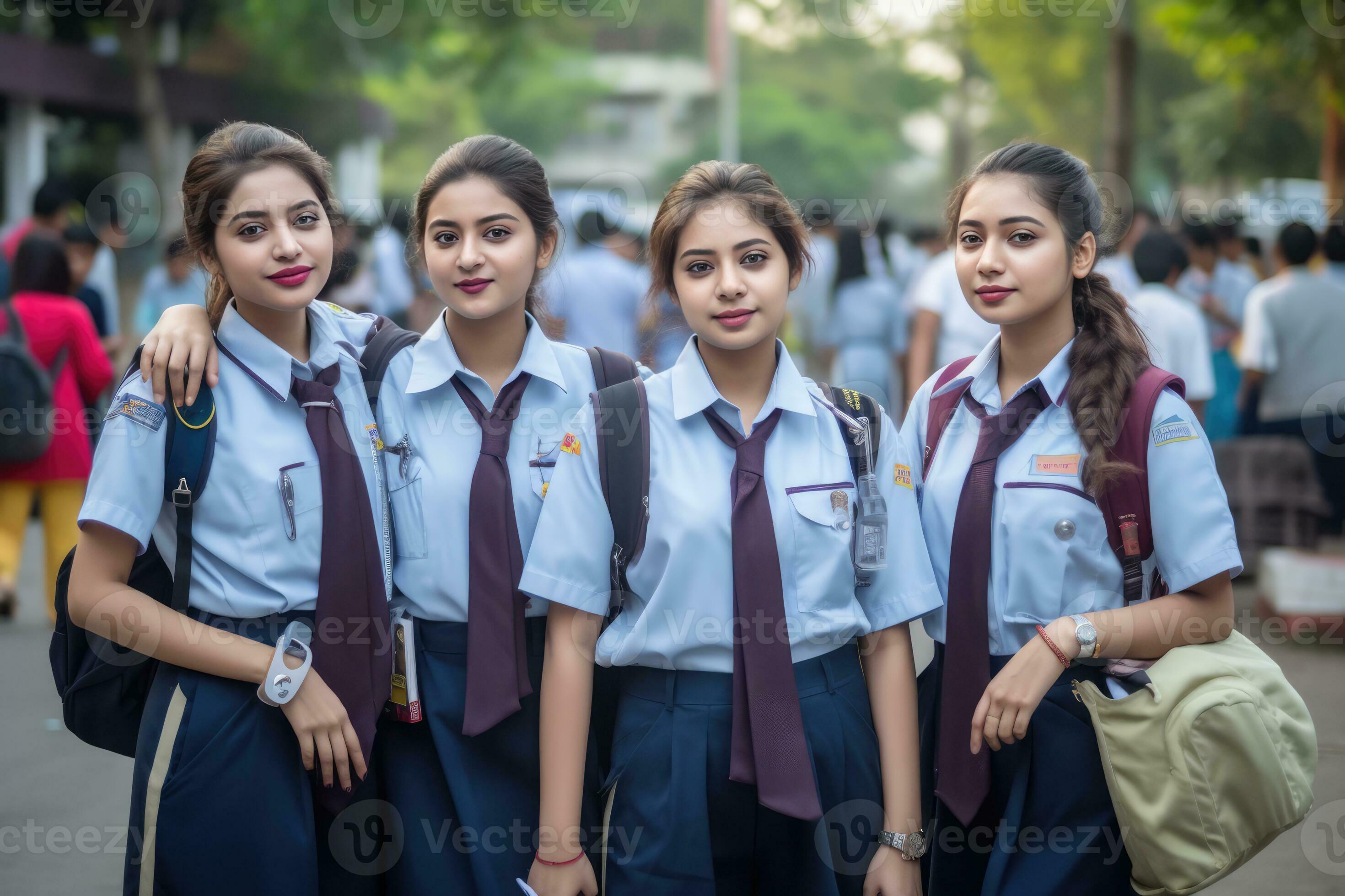 Five beautiful school girls in uniform, possibly from a private school, pose together for a ...