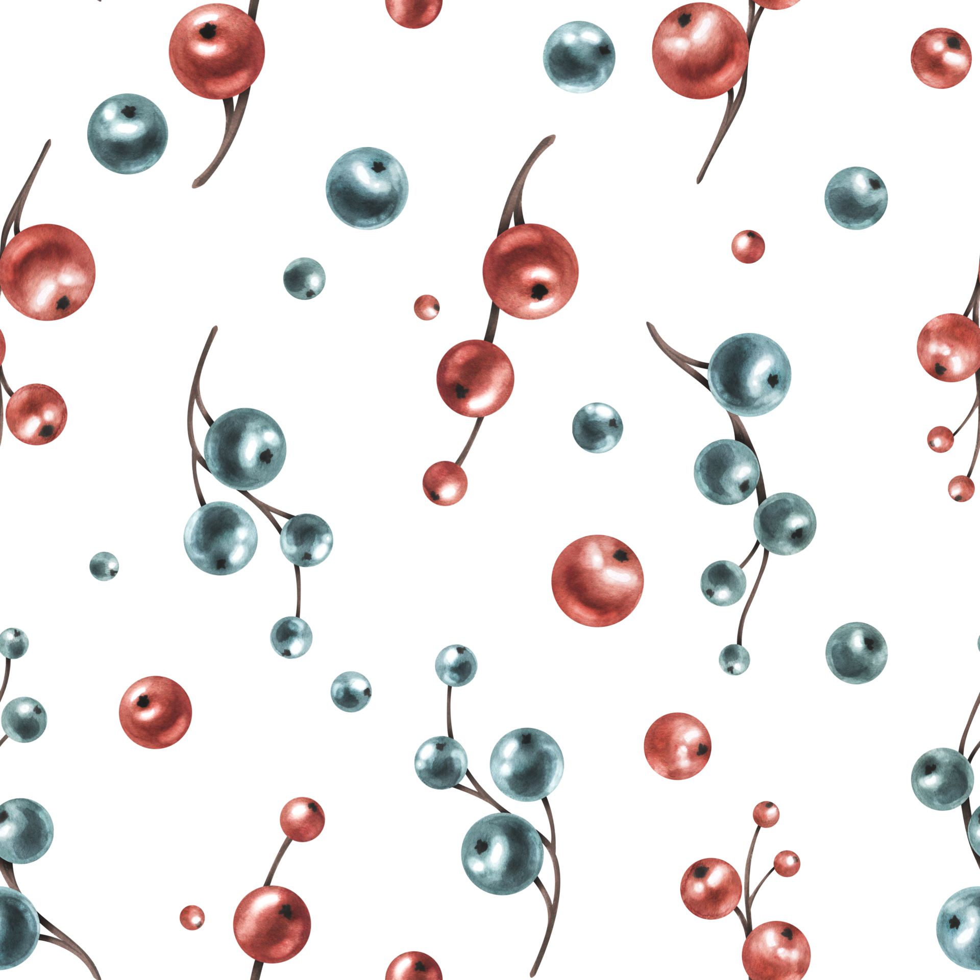 Blue And Red Decorative Berries On The Branches Watercolor Illustration Hand Drawn Seamless