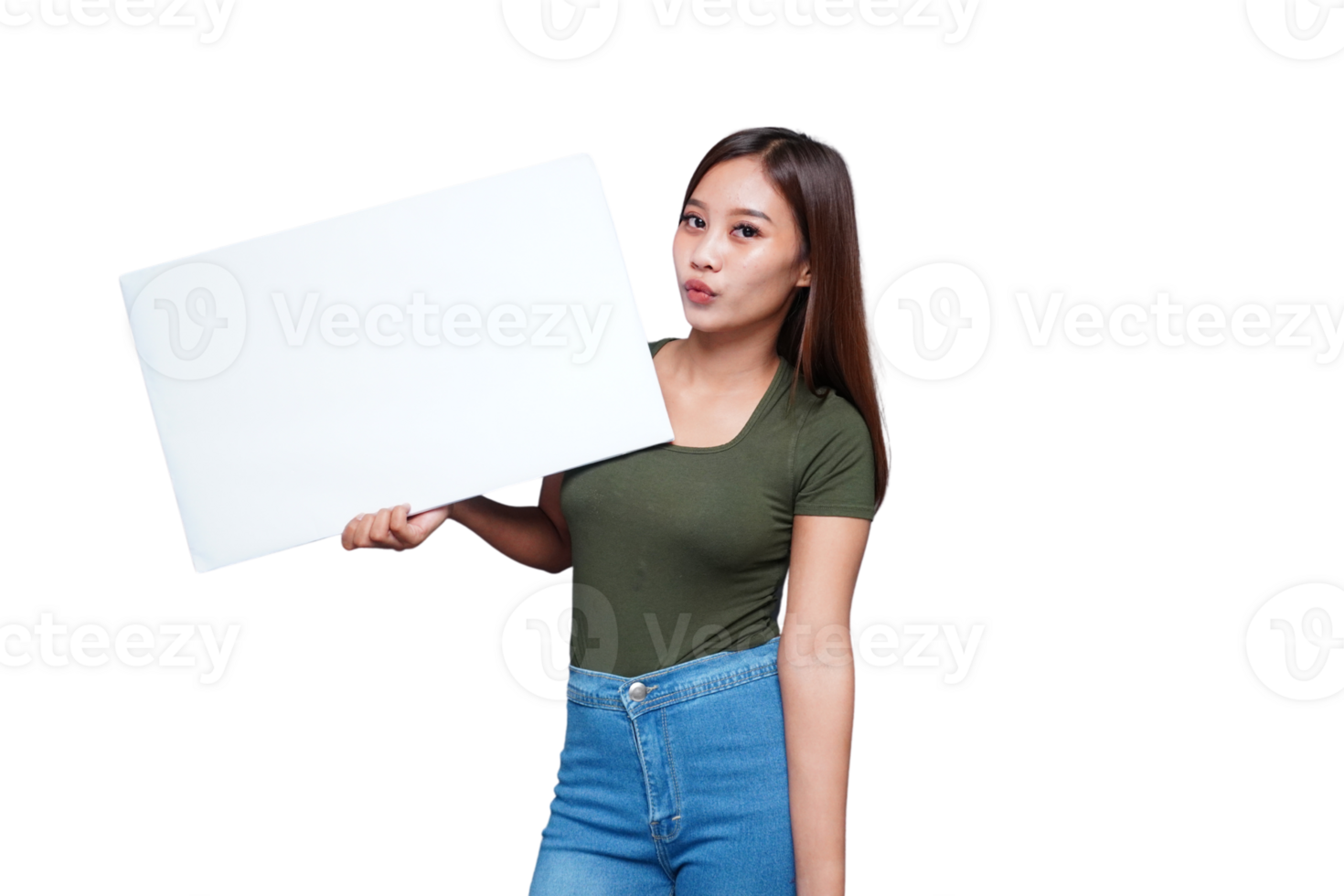 Beautiful Asian Woman Holding An Empty Board And Smiling 26543656 Png