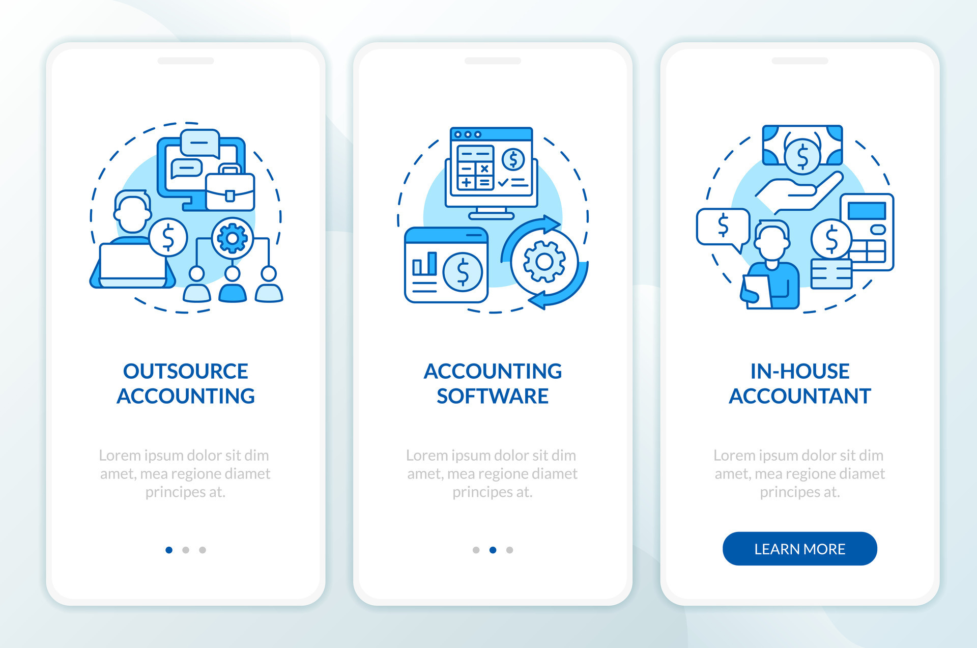 Business Accounting Management Blue Onboarding Mobile App Screen Walkthrough 3 Steps Editable