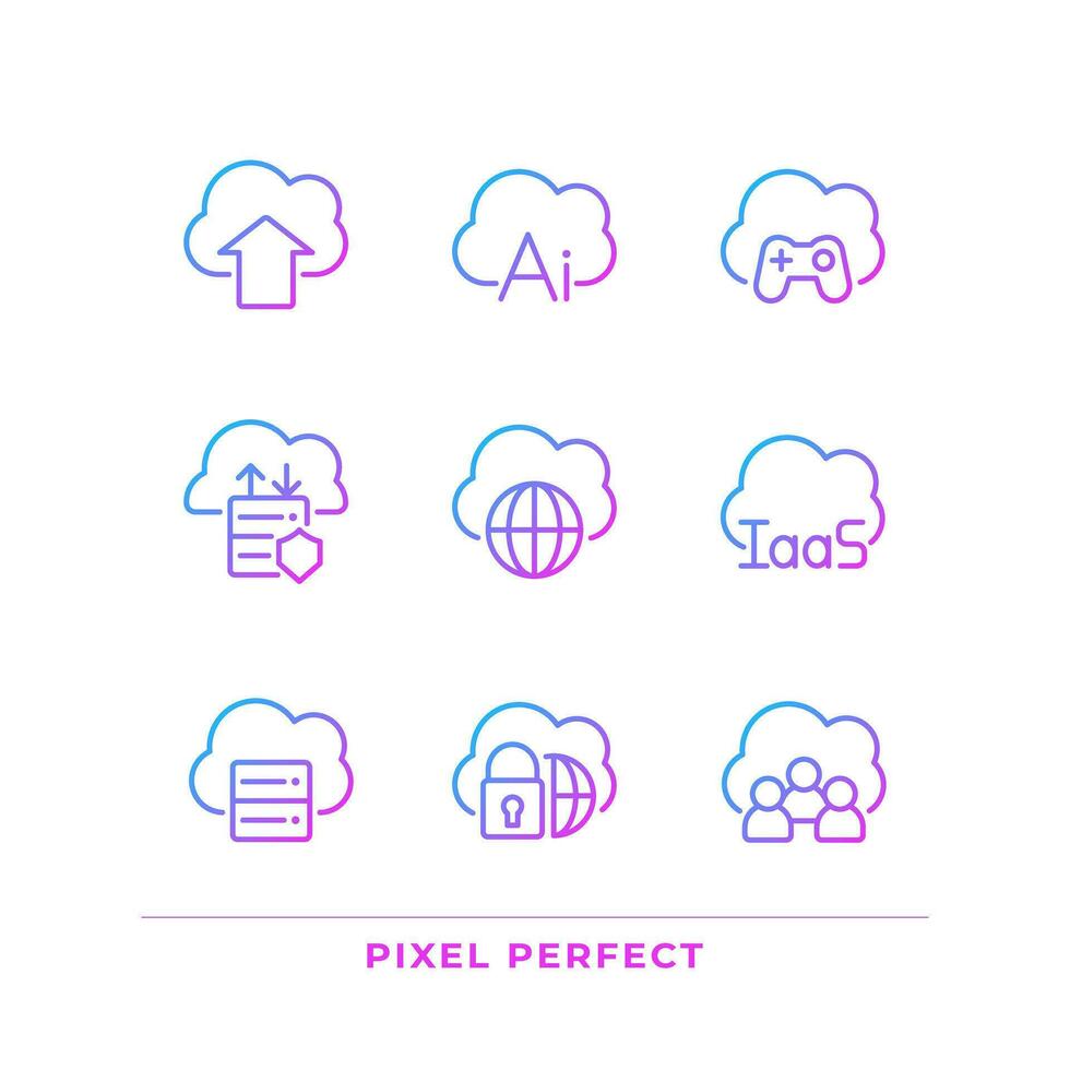 Cloud based service for data processing pixel perfect gradient linear vector icons set. Storage ...