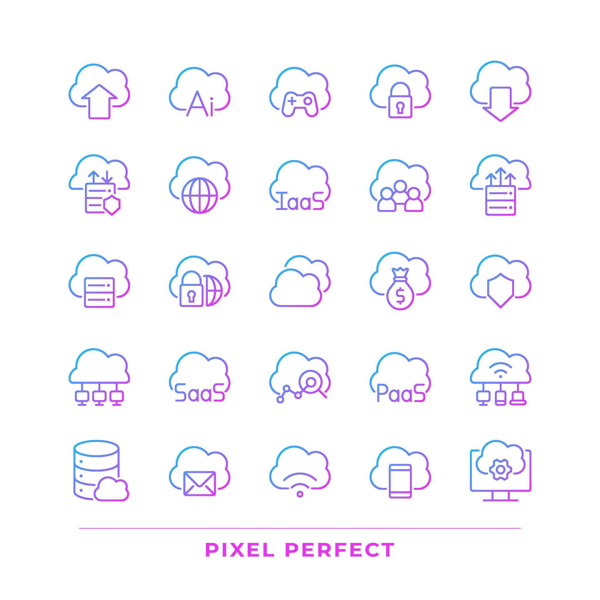 Cloud computing pixel perfect gradient linear vector icons set. Online resources for data ...