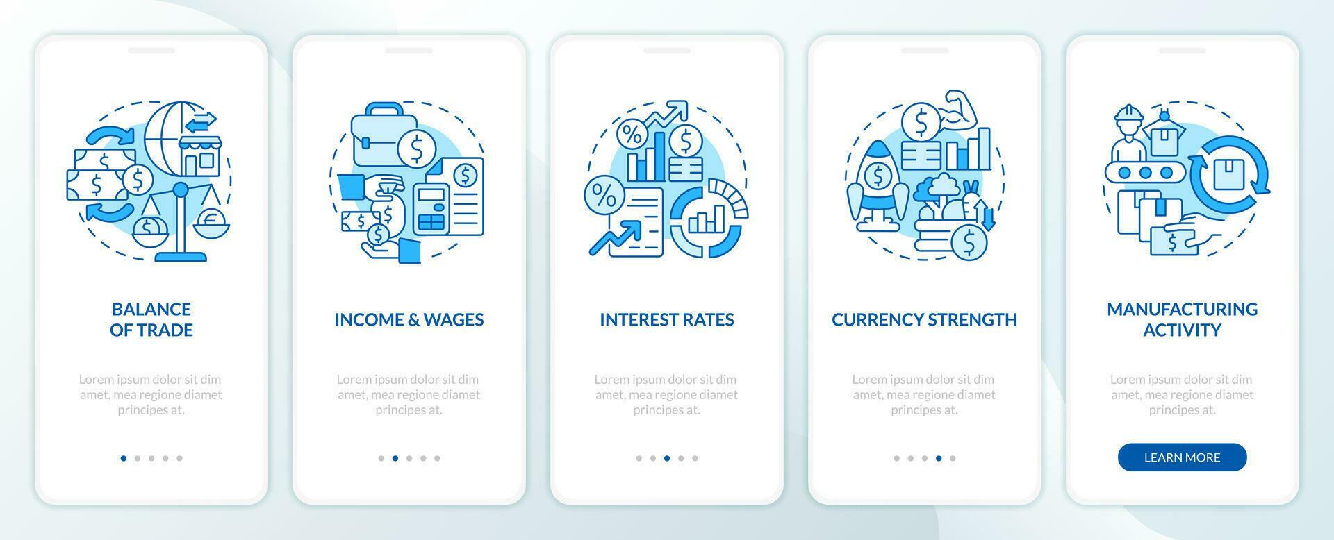 Economic Indicators Examples Blue Onboarding Mobile App Screen