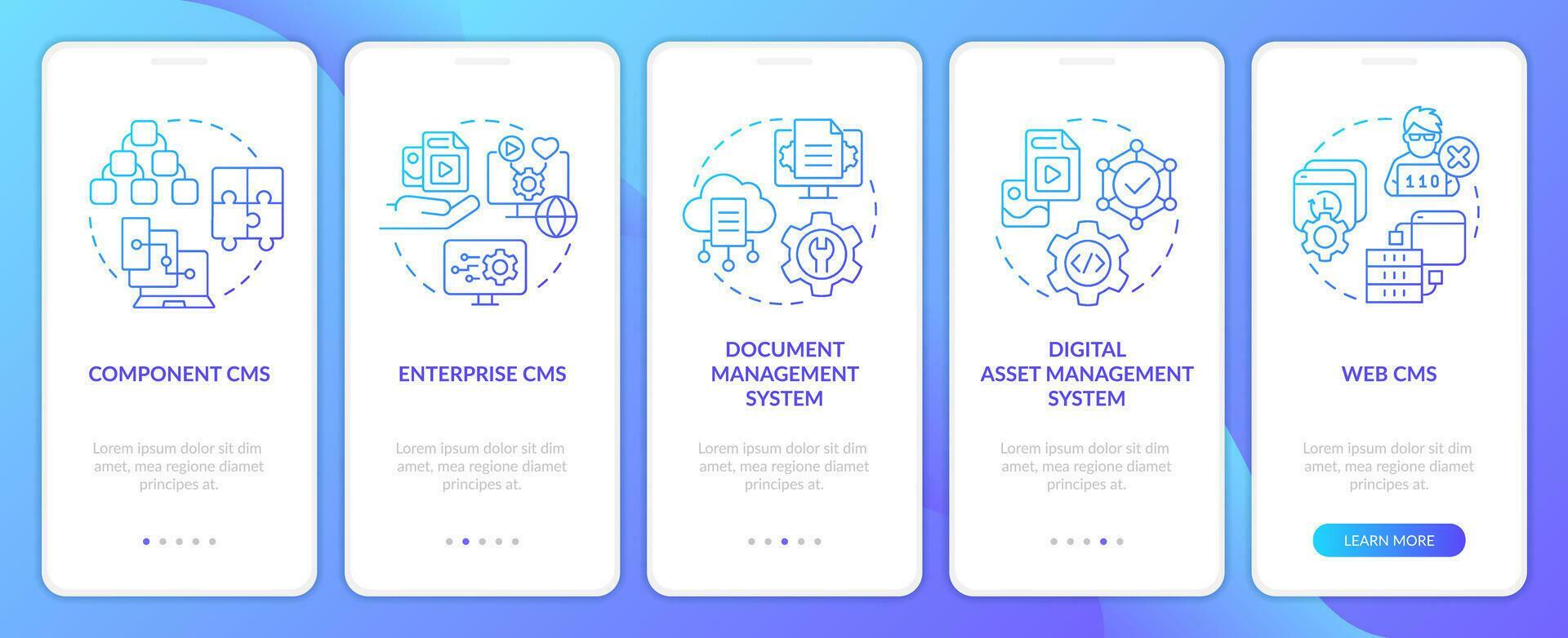 Cms Types Blue Gradient Onboarding Mobile App Screen Digital Platforms Walkthrough 5 Steps