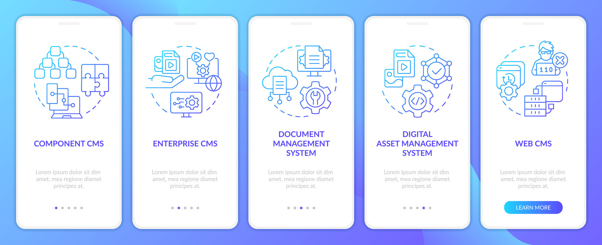 Cms Types Blue Gradient Onboarding Mobile App Screen Digital Platforms Walkthrough 5 Steps