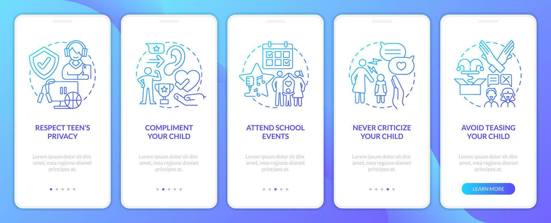 Promoting Self Esteem In Teens Blue Gradient Onboarding Mobile App Screen Walkthrough 5 Steps