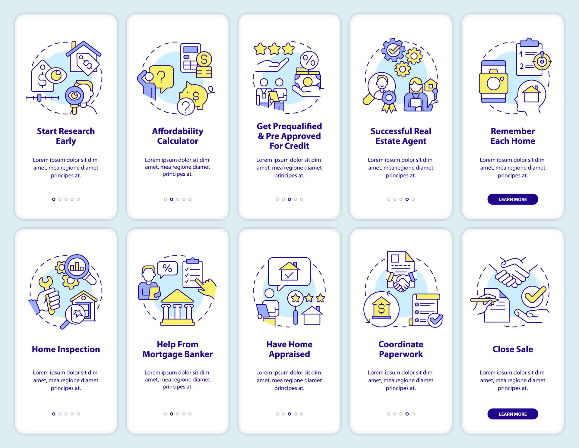 Buying Home Onboarding Mobile App Screen Set Real Estate Guide Walkthrough 5 Steps Editable