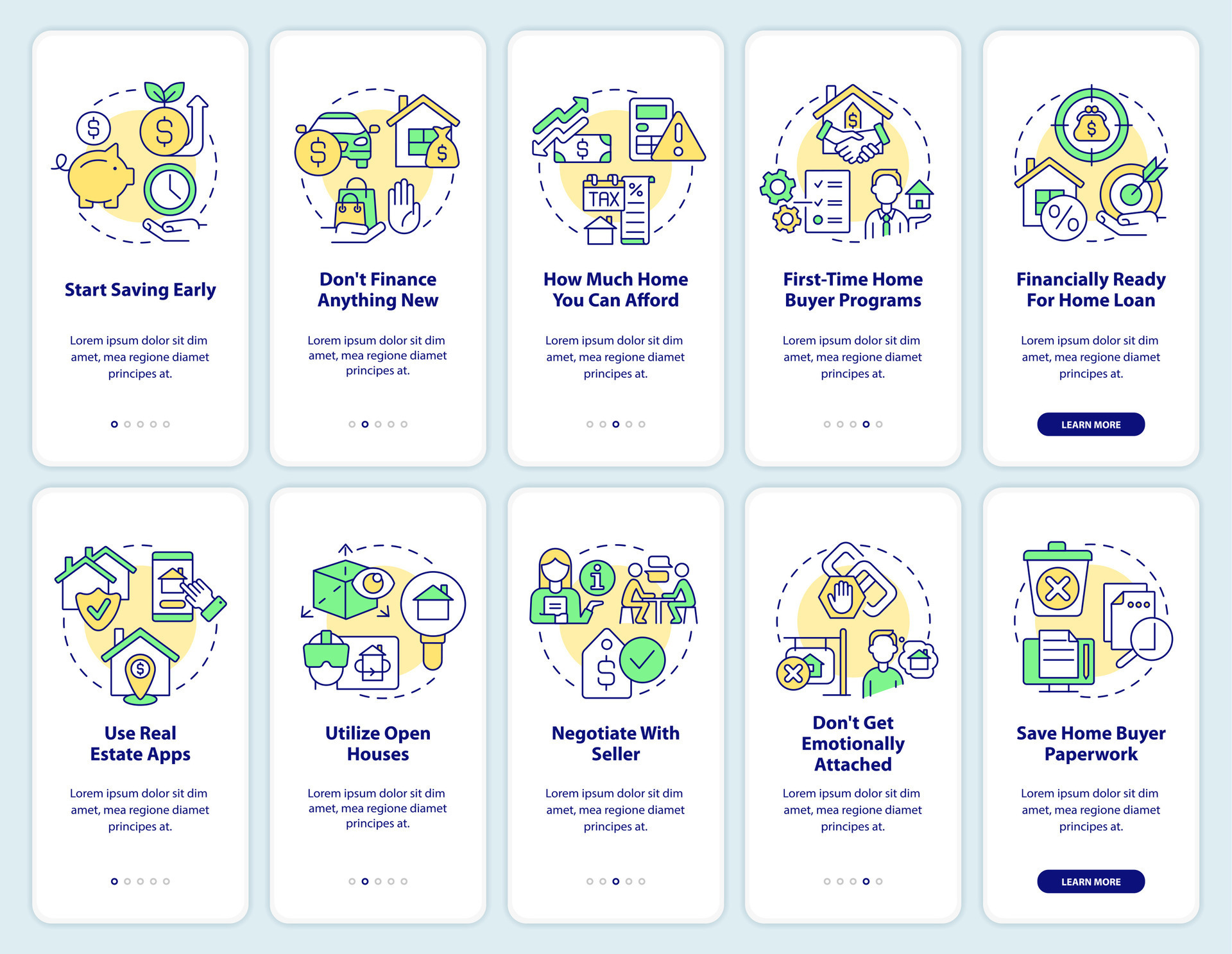 Ready To Buy Home Onboarding Mobile App Screen Set Buyer Tips Walkthrough 5 Steps Editable