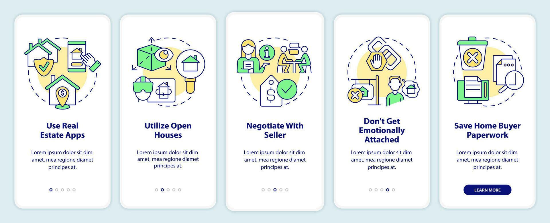 Home purchase onboarding mobile app screen. Ready to buy house walkthrough 5 steps editable ...