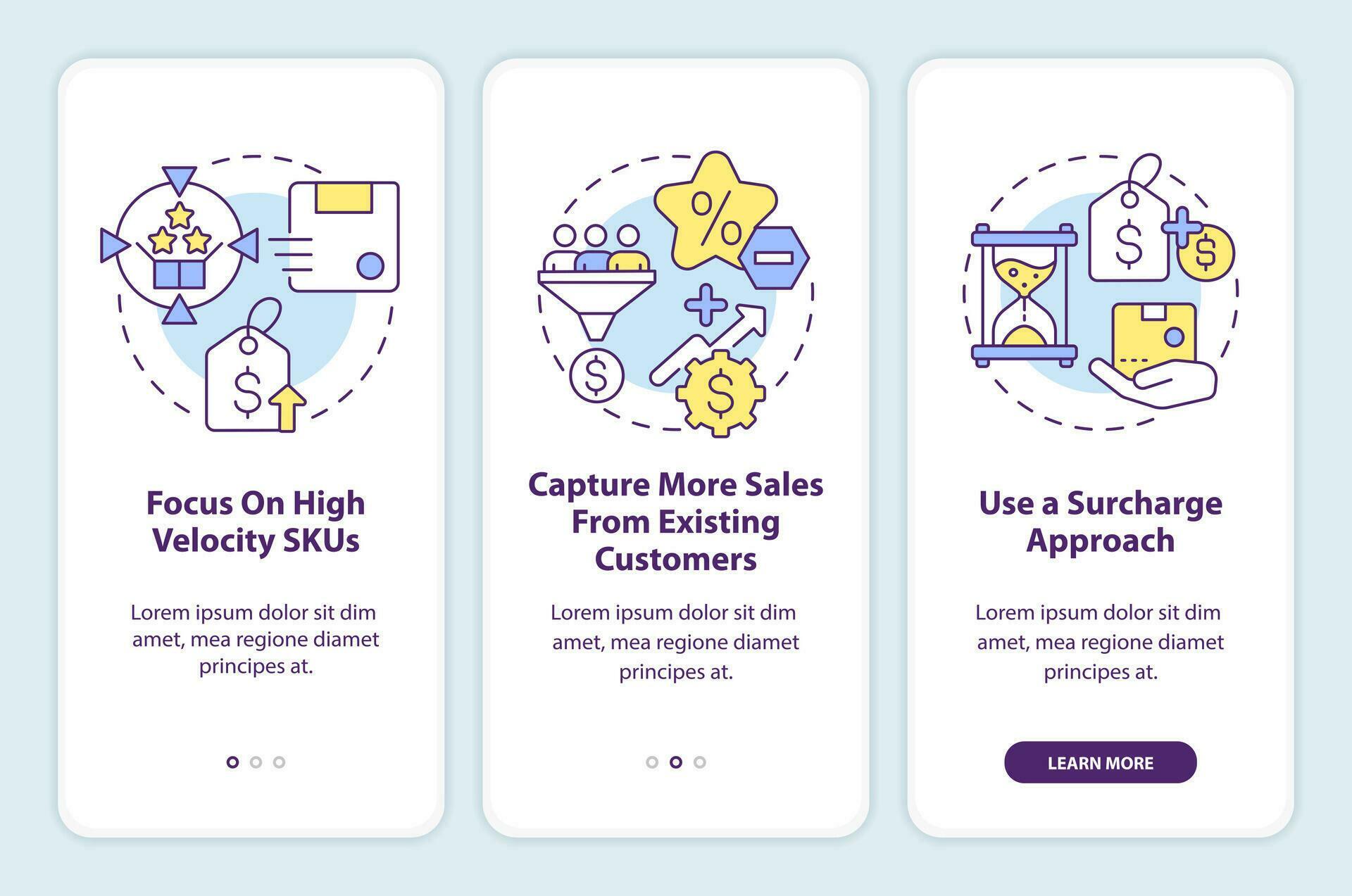 Strategies For Raising Prices Onboarding Mobile App Screen Walkthrough 3 Steps Editable Graphic