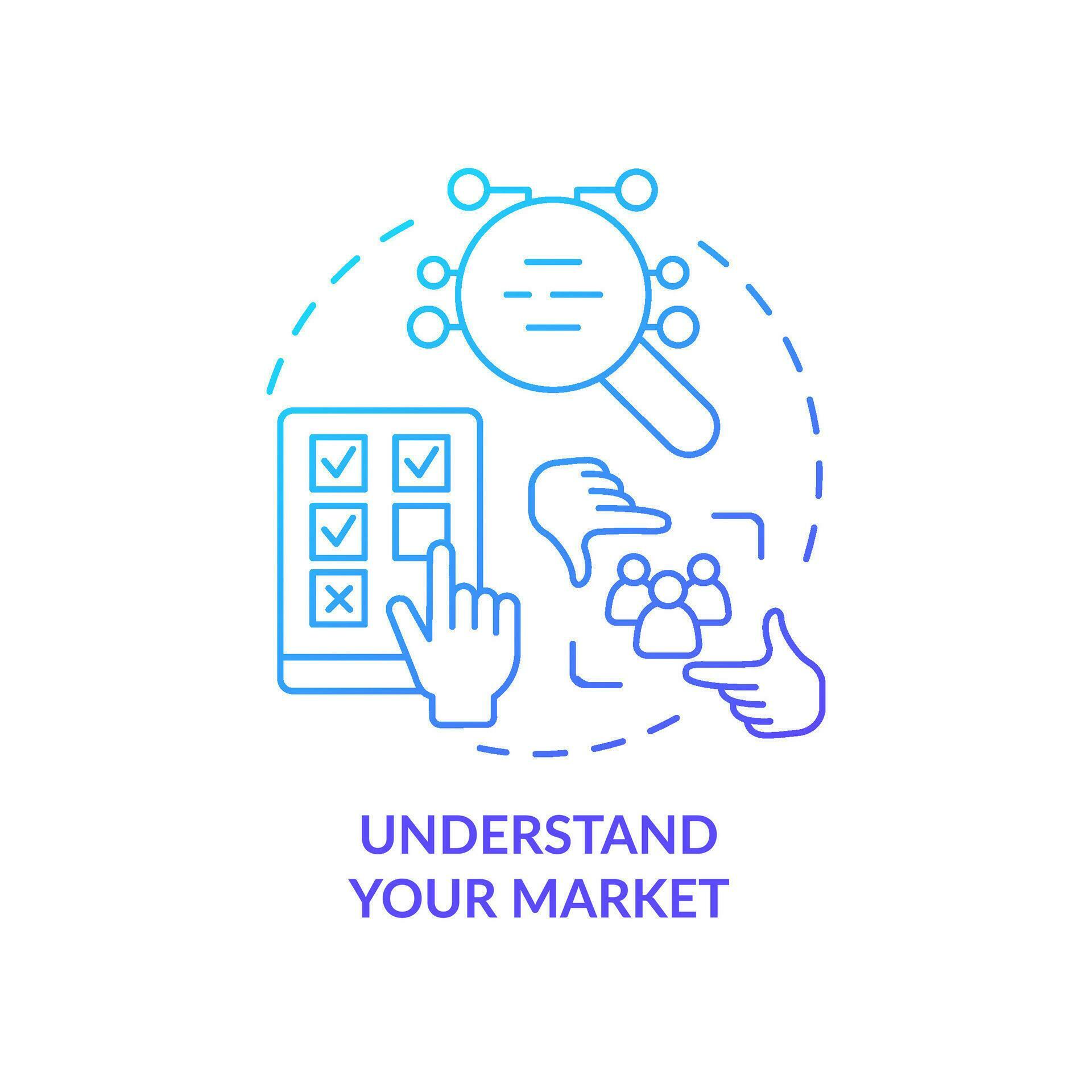 Understand your market blue gradient concept icon. Conduct research. Get started with ...