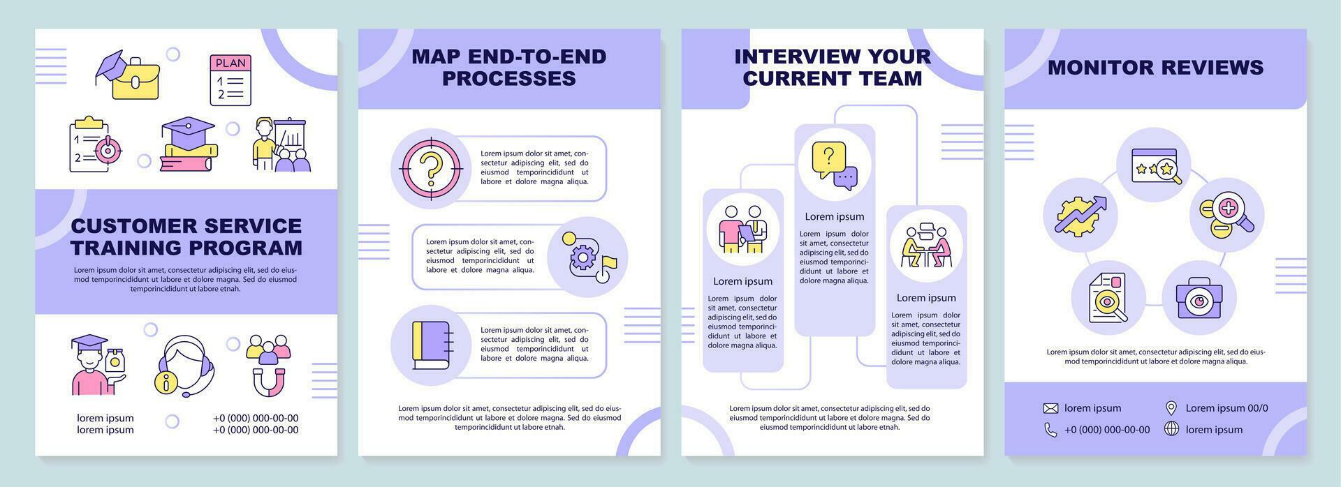 Customer service training program purple brochure template. Leaflet design with linear icons ...