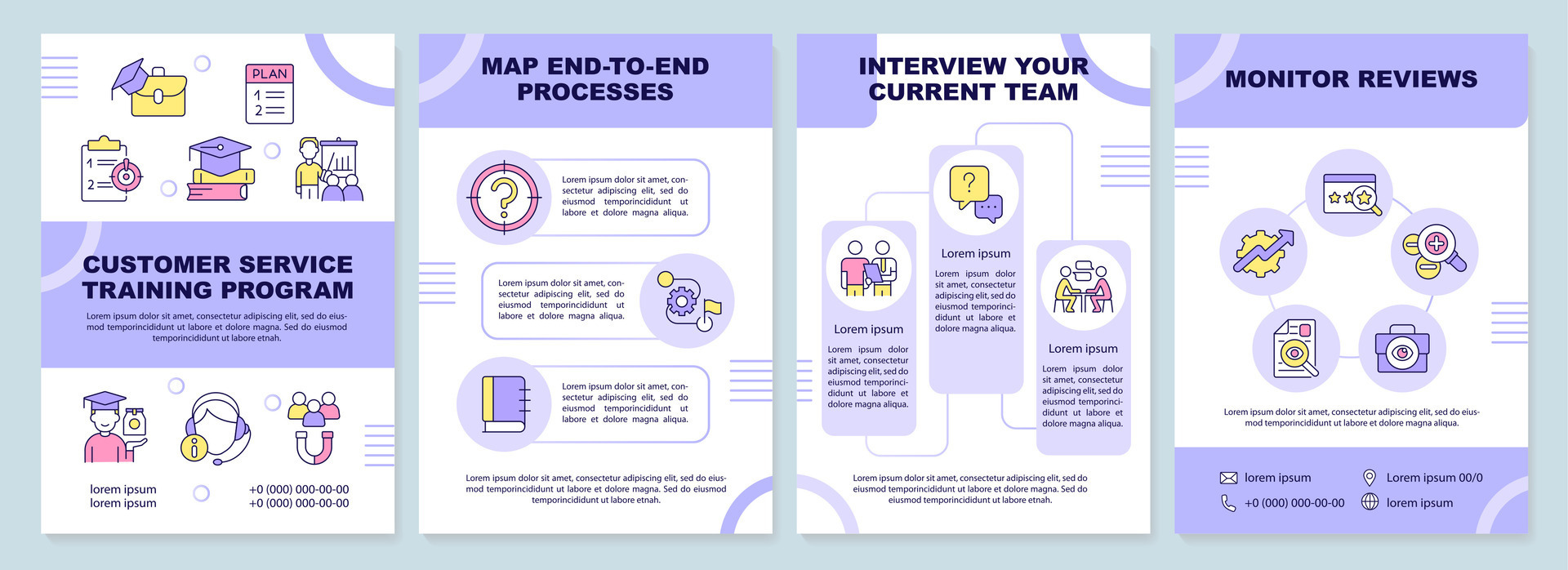 Customer service training program purple brochure template. Leaflet design with linear icons ...