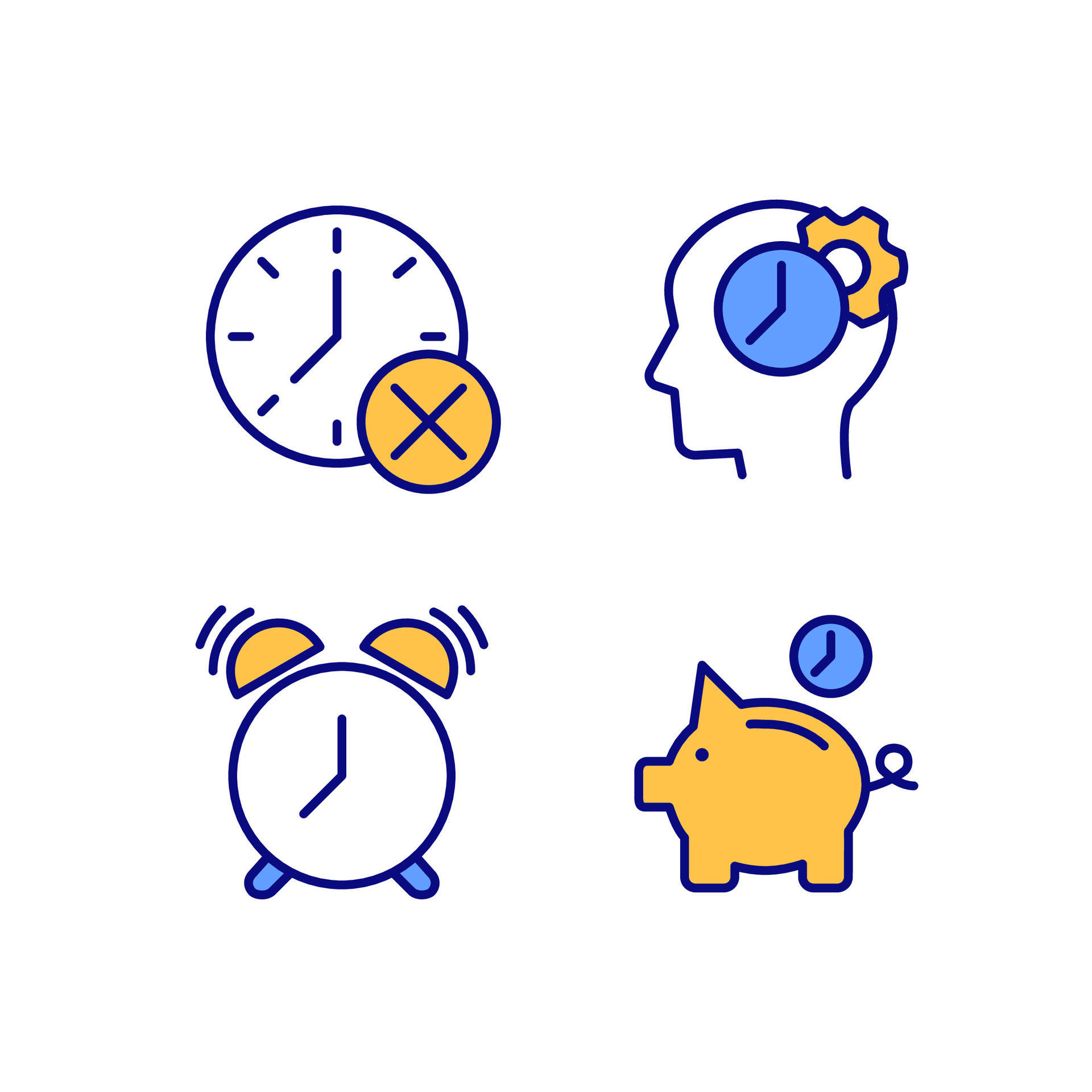 Organizing time wisely pixel perfect RGB color icons set. Thinking ... Organizing time wisely pixel perfect RGB color icons set. Thinking ...