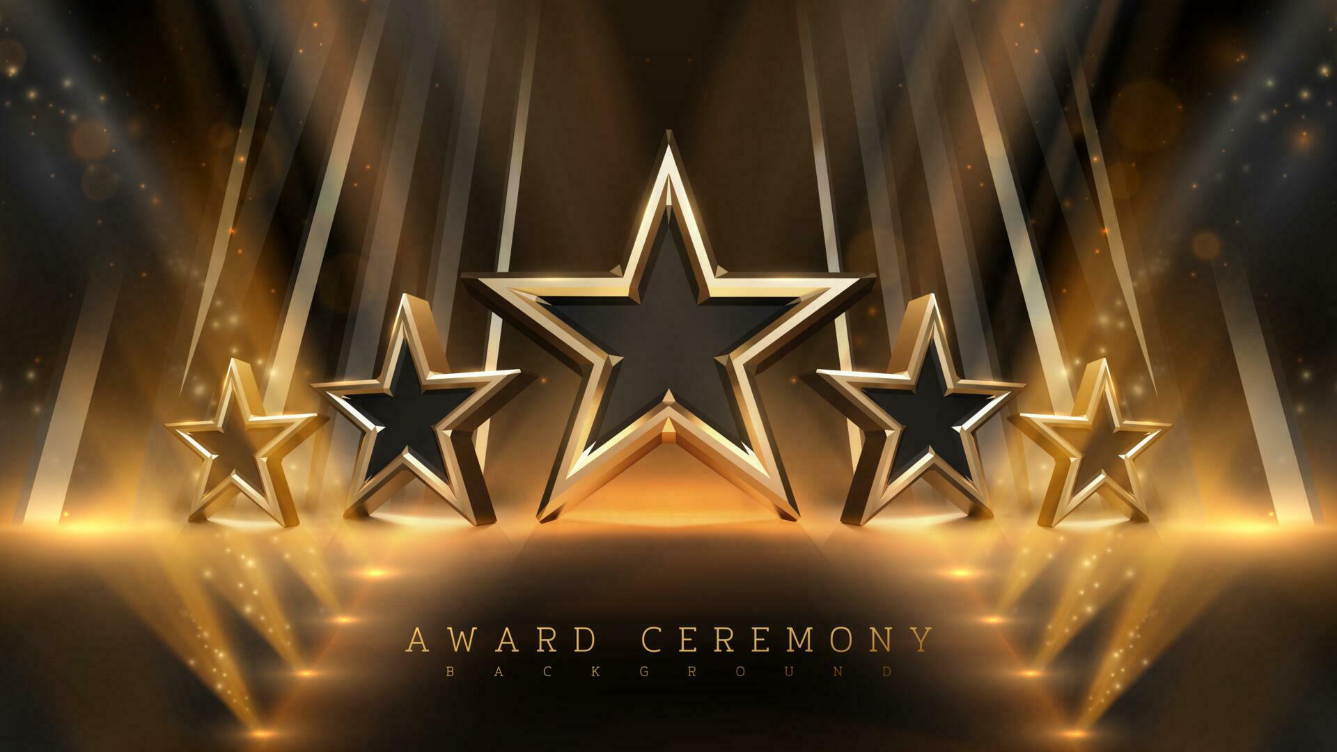 Awards ceremony background with dark corridors and spotlights effect and 3D golden star elements ...