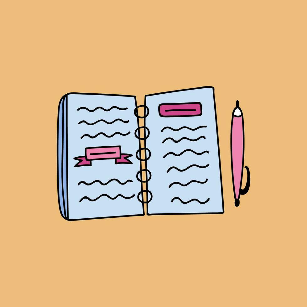 Cute hand drawn isolated clipart of open ring notebook with notes and ...