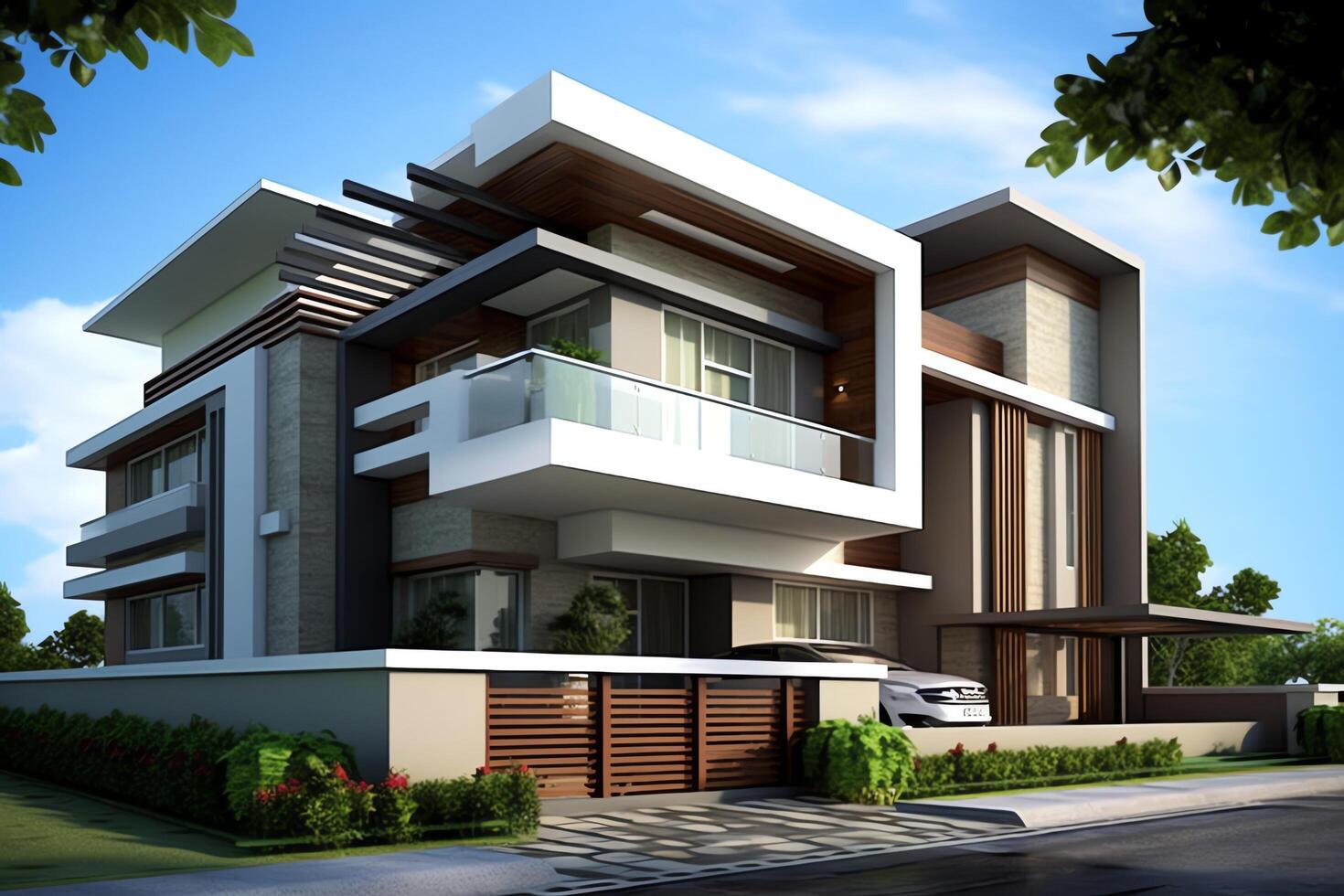 Beautiful modern house exterior with carport. Modern residential ...