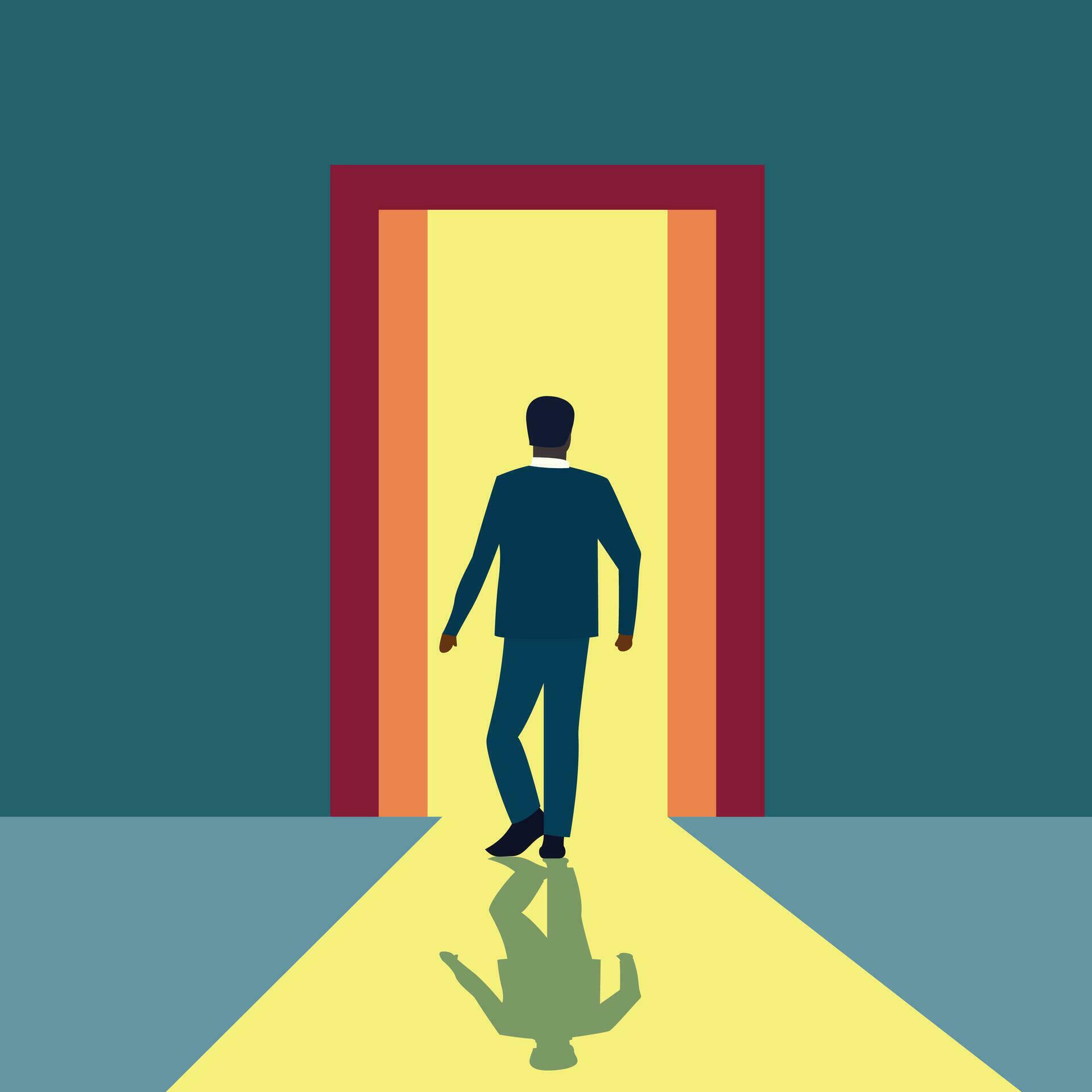 Man walking into light through a door, courage concept flat style vector illustration, Man ...