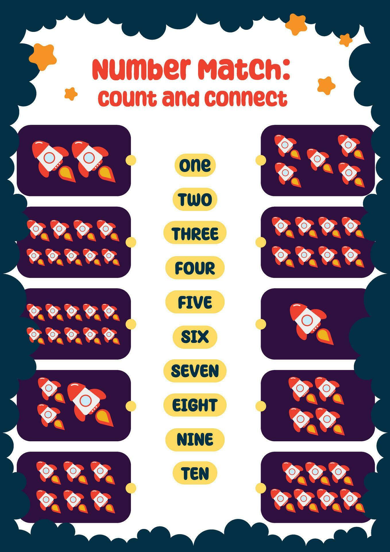 flat design vector learn counting number to ten printable worksheet for ...
