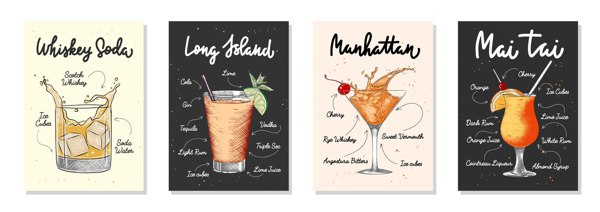 Set Of 4 Advertising Recipe Lists With Alcoholic Drinks Cocktails And