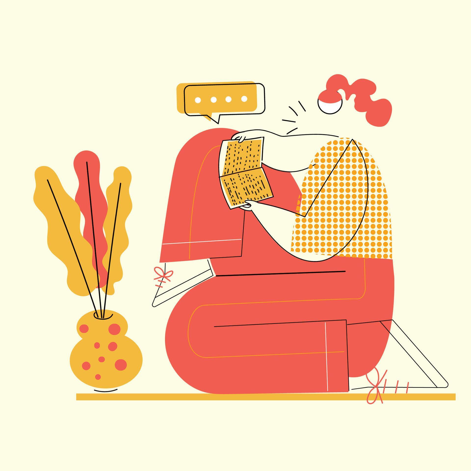 Young Girl Man Sitting Reading A Book Vector Illustration Design Flat