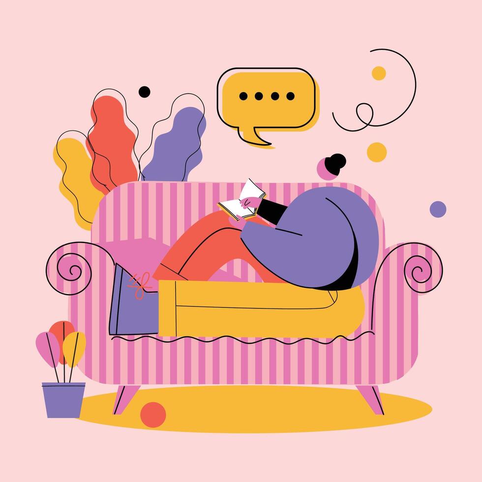Young Girl Man Sitting Reading A Book Vector Illustration Design Flat