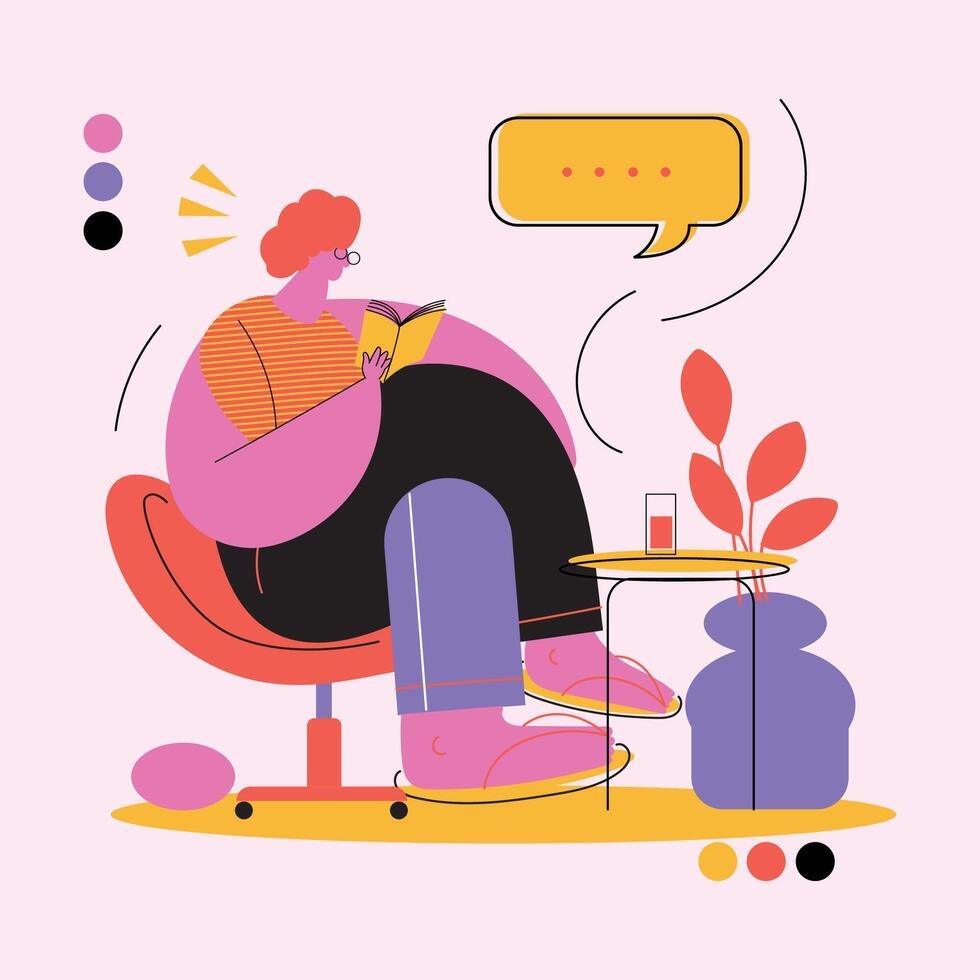 Young Girl Man Sitting Reading A Book Vector Illustration Design Flat