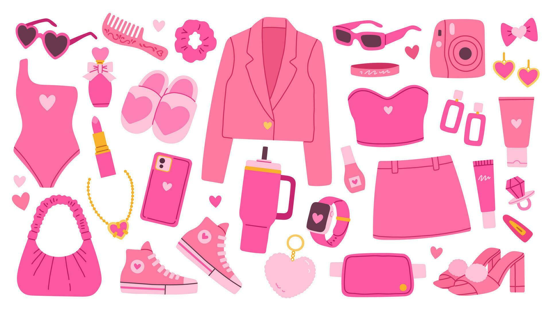 Pink Trendy Barbiecore Set Pink Aesthetic Accessories And Clothing Vector Illustration