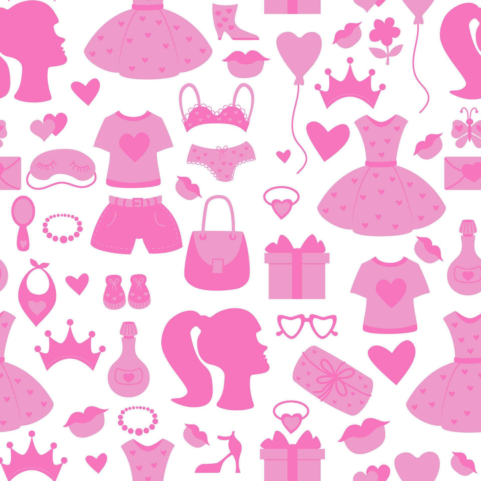 Barbiecore pink trendy seamless pattern. Nostalgic Glamorous things ...