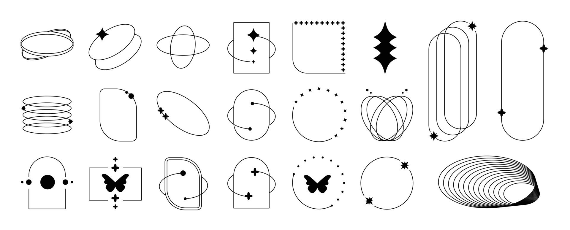 Set of geometric shapes in trendy 90s style. Black trendy design with ...