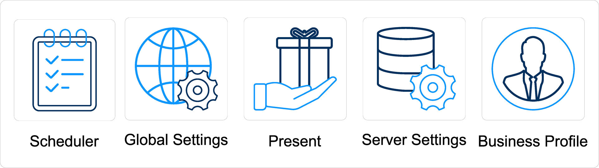 A set of 5 mix icons as scheduler, global settings, present 26642217 ...